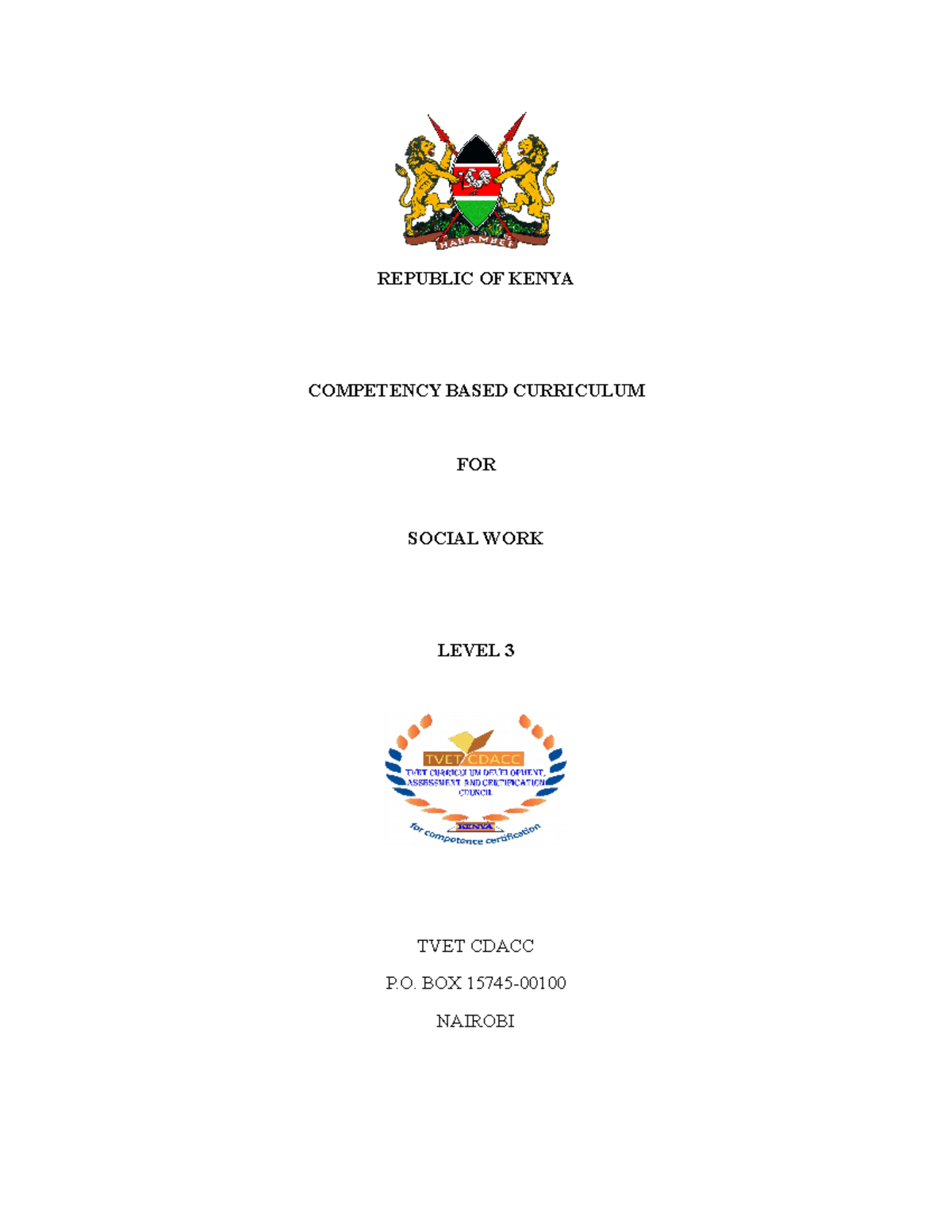 Social WORK Level 3 Curriculum - REPUBLIC OF KENYA COMPETENCY BASED ...