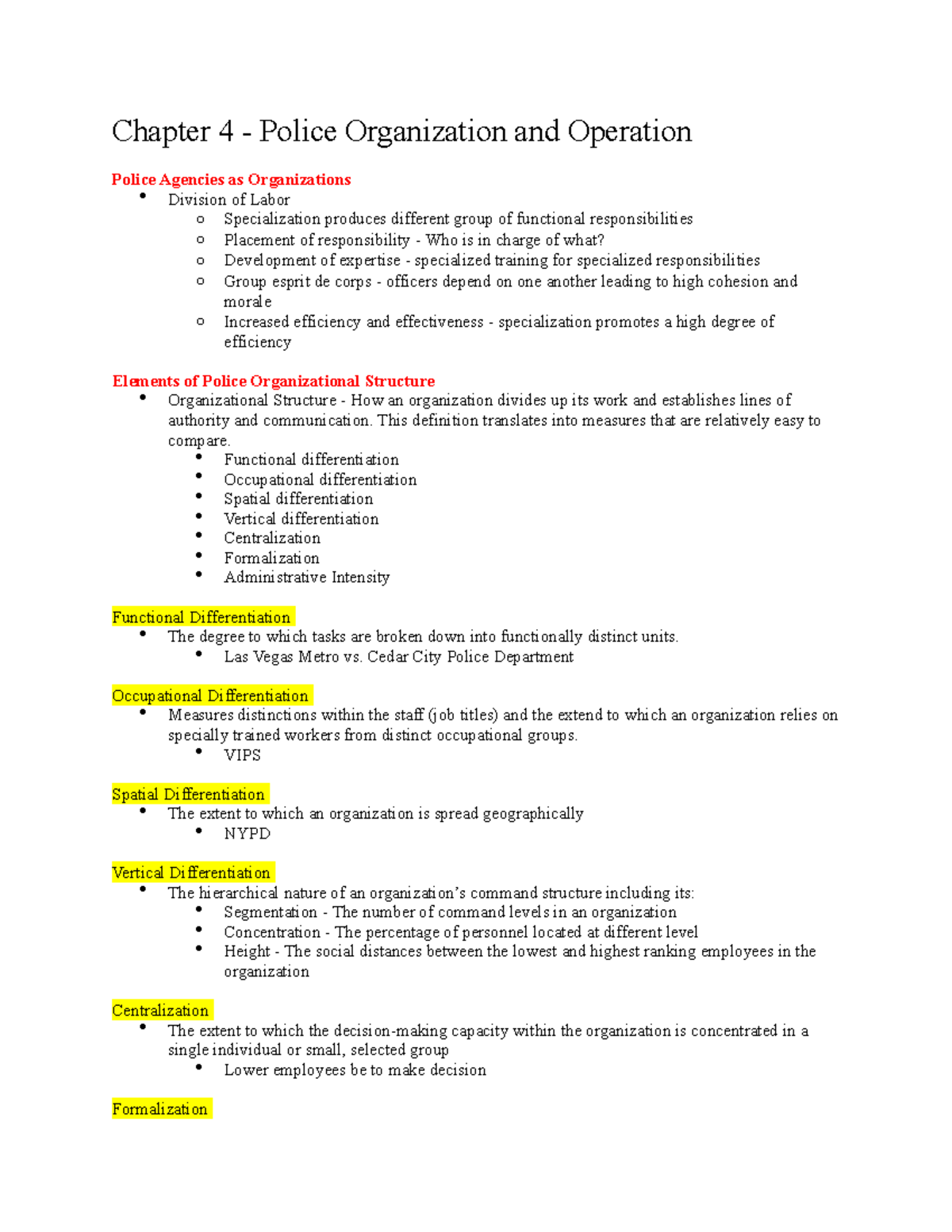 Cj Notes 3020 Chap 4 Chapter 4 Cj 3020 Chapter 4 Police Organization And Operation Police