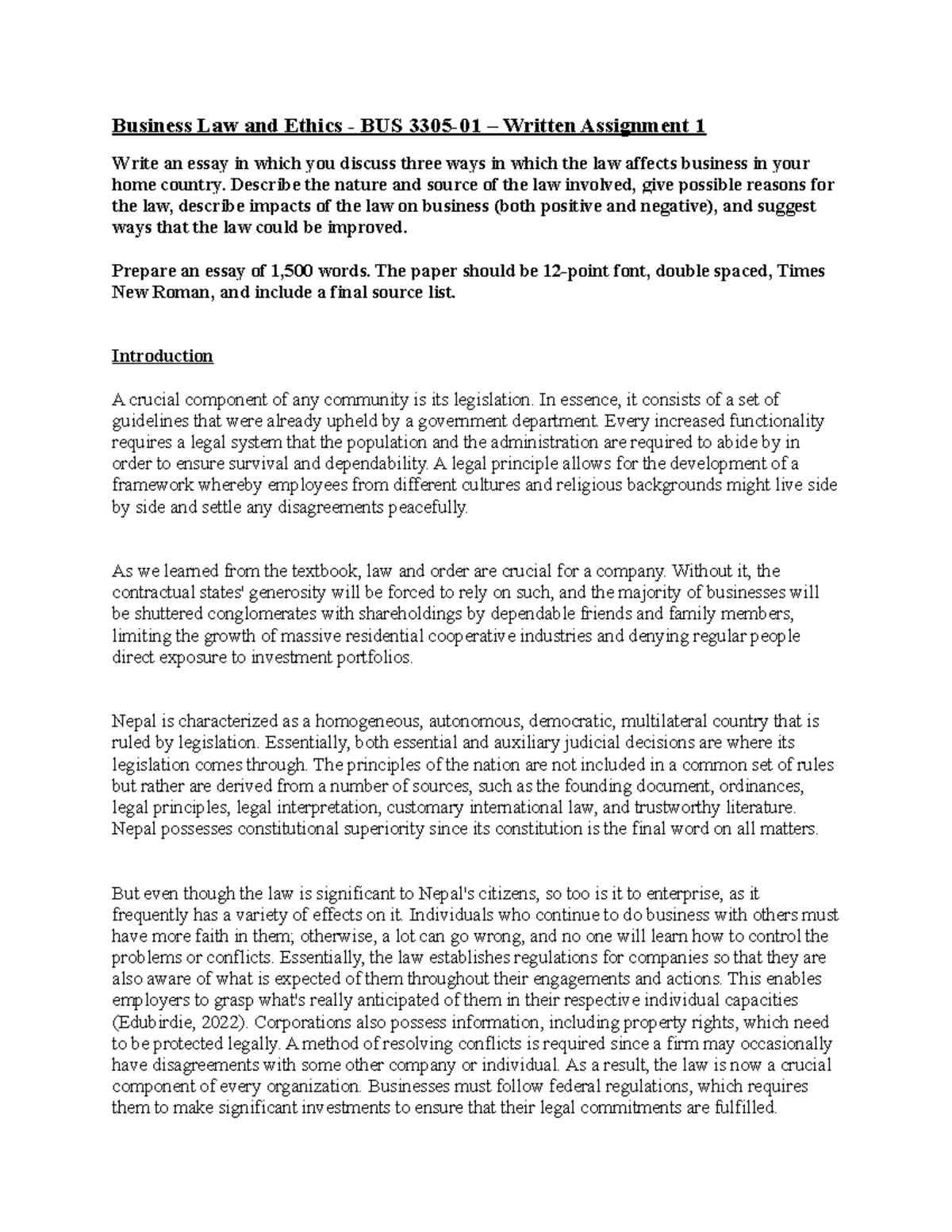 Written Assignment 1 - Describe the nature and source of the law ...