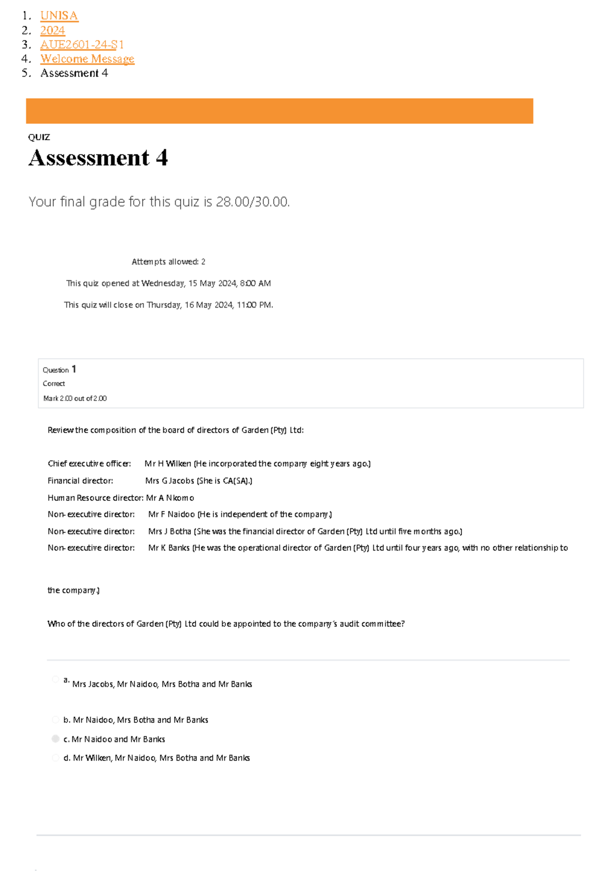 AUE2601 assignment 4 Due 16 May 2024 - QUIZ Assessment 4 1. UNISA 2 ...