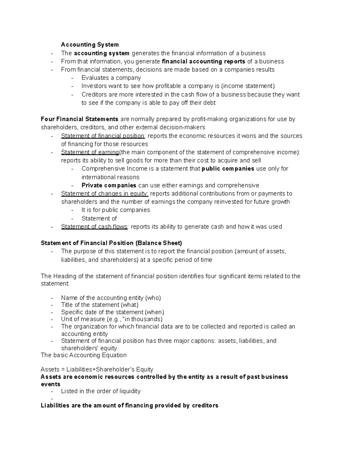Chapter 1 Notes - Accounting System The accounting system generates the ...