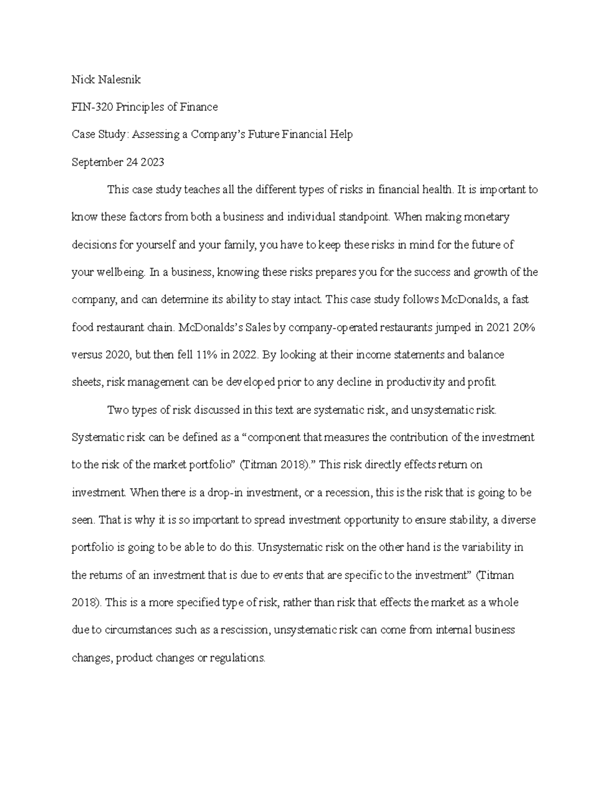 FIN320 Week 4 - no no - Nick Nalesnik FIN-320 Principles of Finance ...