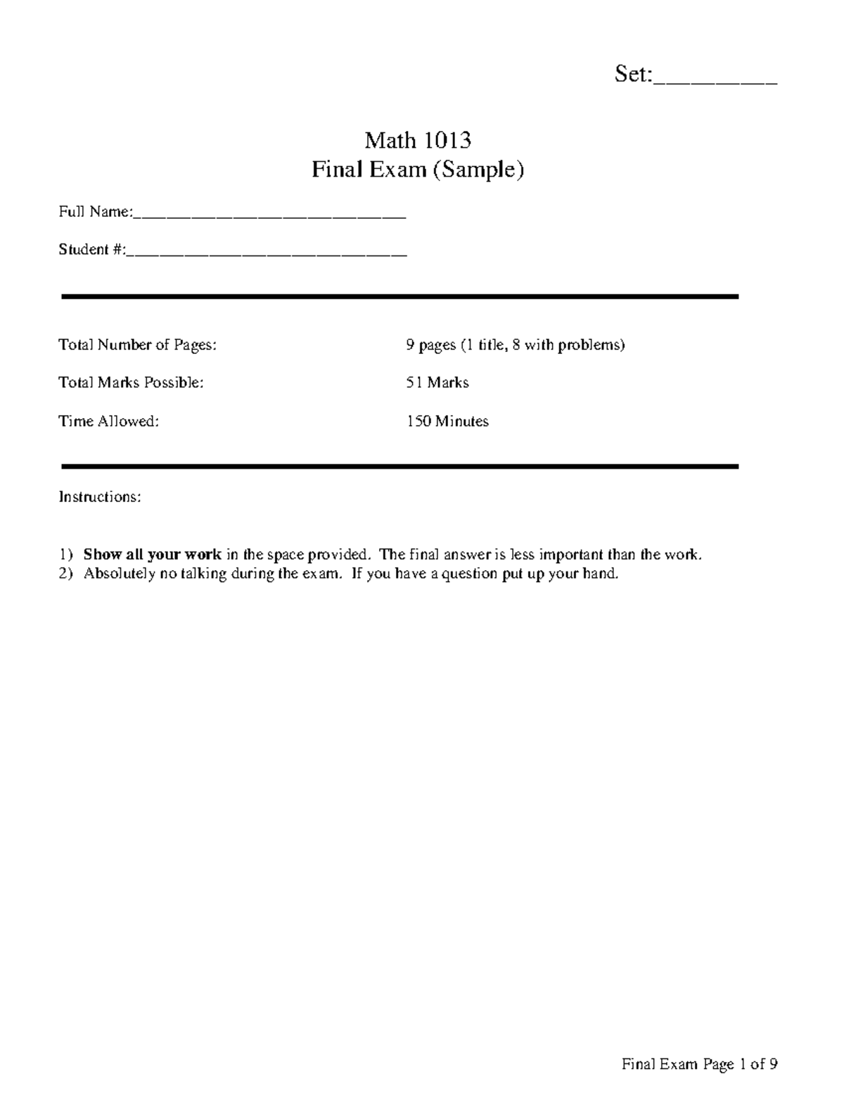 Math 1013 Final Exam Sample with Solution - Set:__________ Math 1013 ...