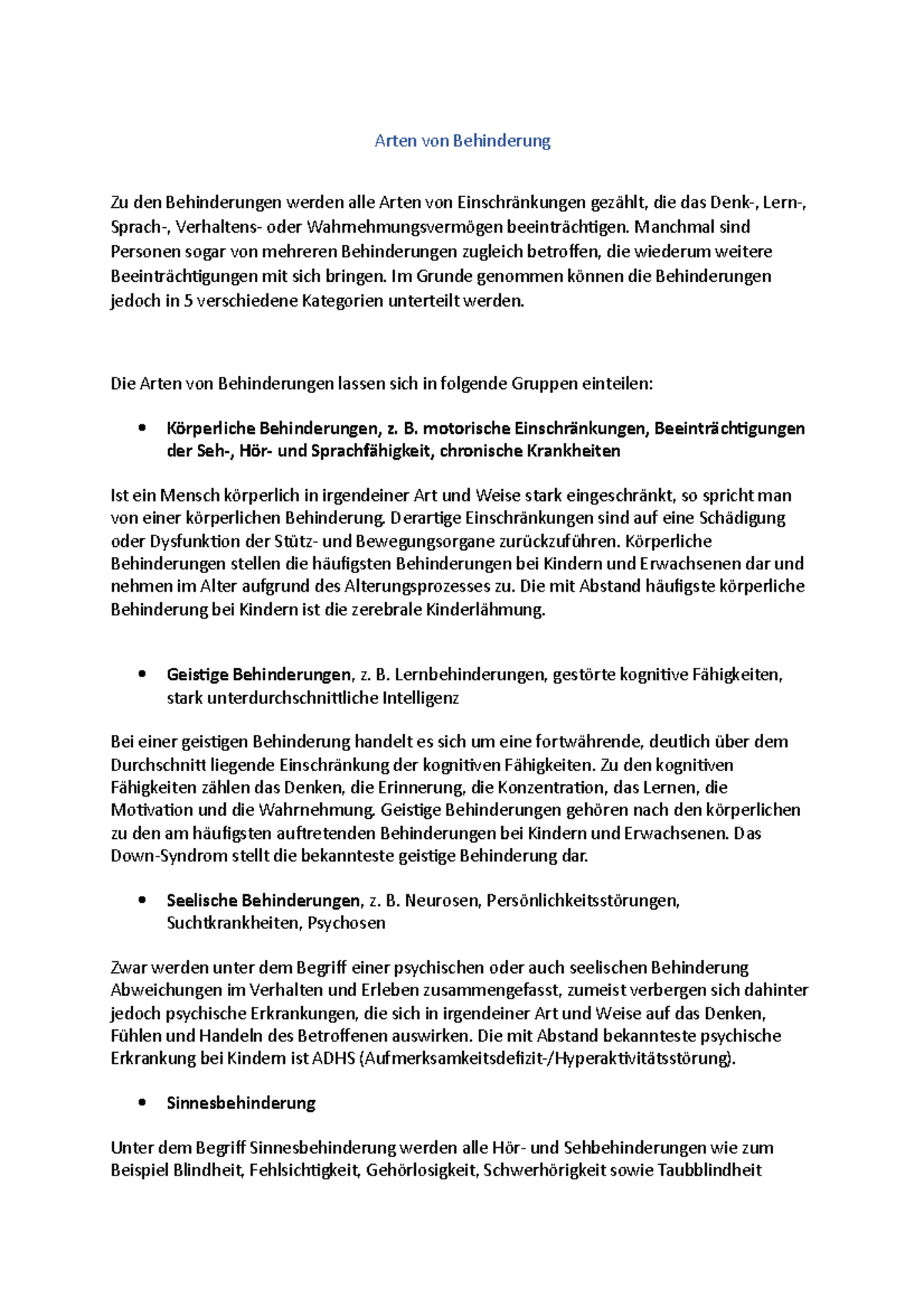 Arten von Behinderung - Zusammenfassung Theorien der Sozialen Arbeit ...