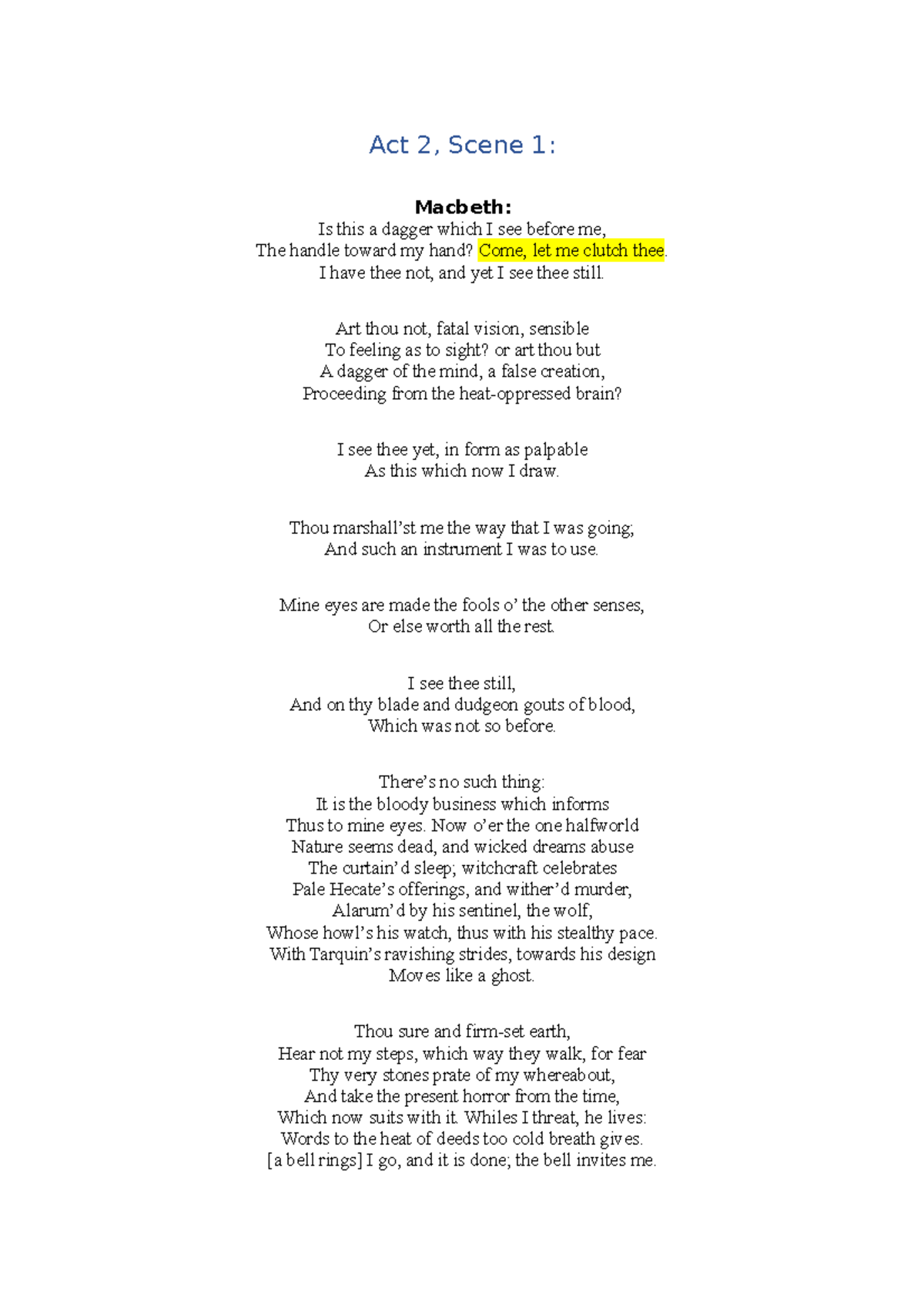 Macbeth Act 2 Scene 1 Passgae Analysis - Studocu