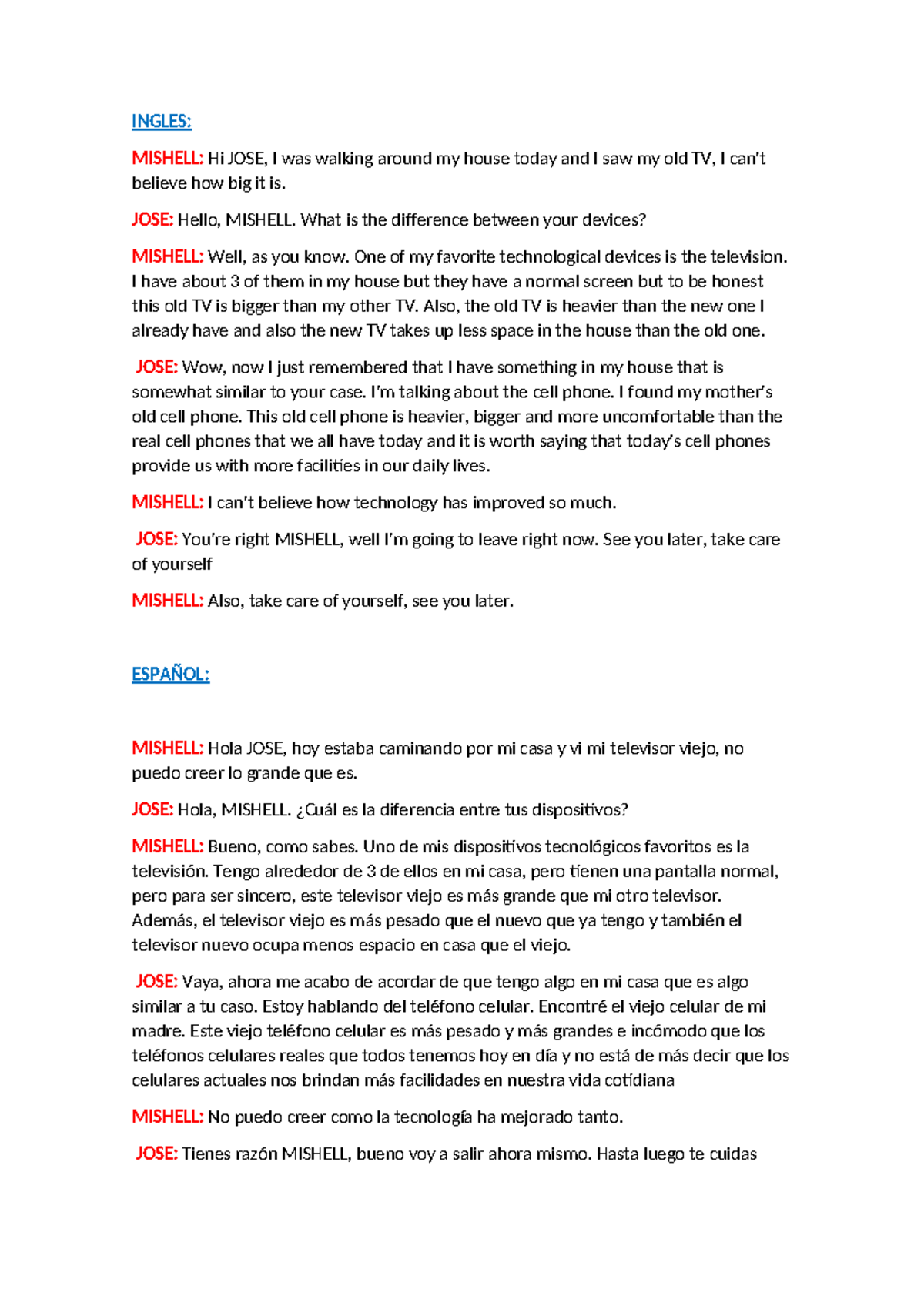 ACS11 Week 11 Task Assignment Old vs Modern - INGLES: MISHELL: Hi JOSE ...