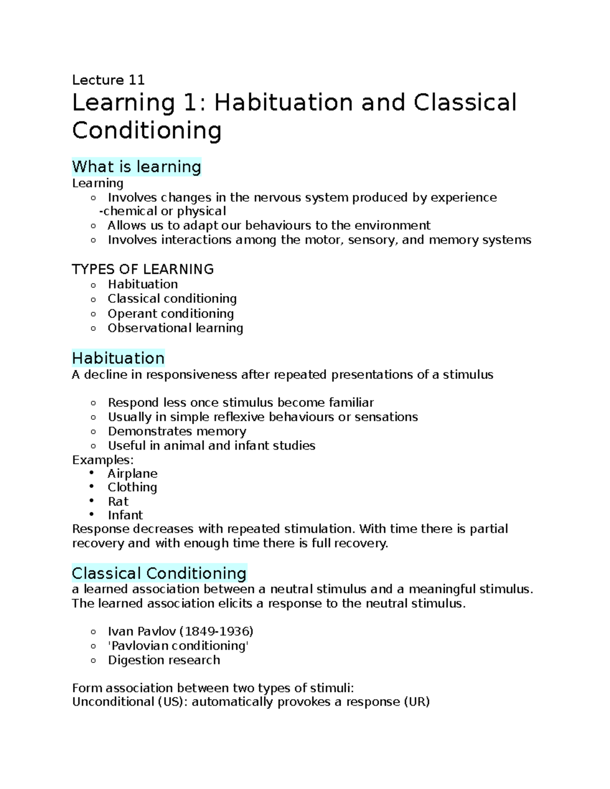 PSY 1101 - Lecture 11 - Lecture 11 Learning 1: Habituation and ...