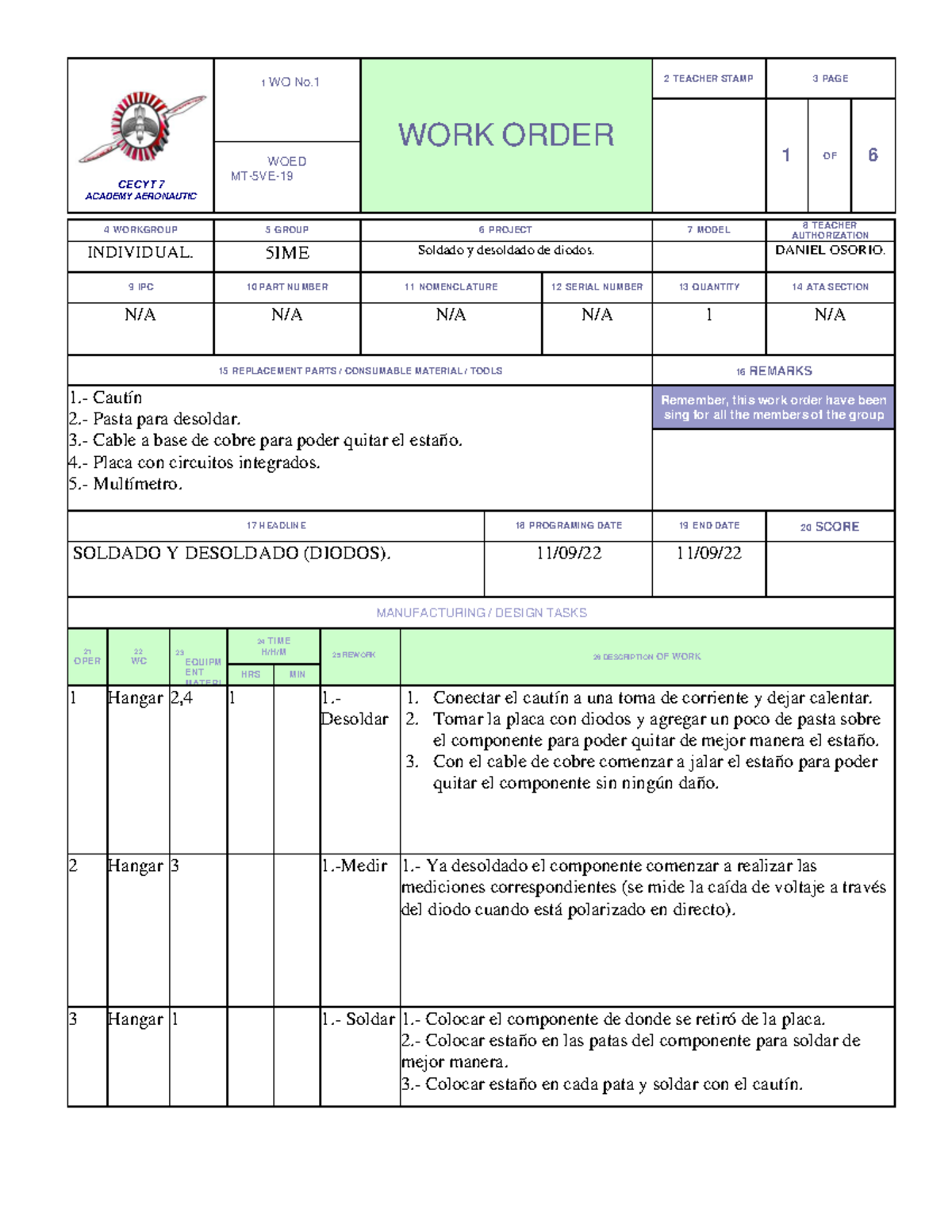 WORK Order Diodos - CECYT 7 ACADEMY AERONAUTIC 1 WO No. WORK ORDER 1 OF ...