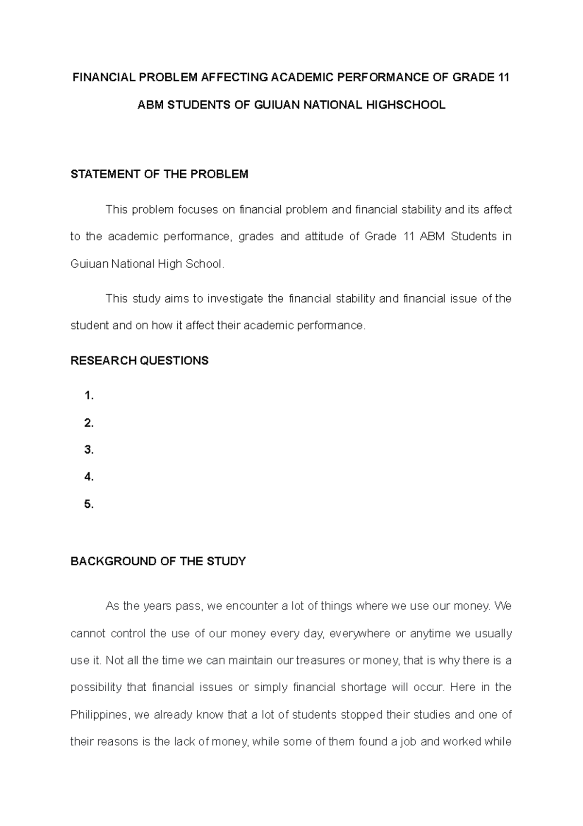 Financial Problem Affecting Academic Performance OF Grade 11 ABM Students OF Guiuan National ...