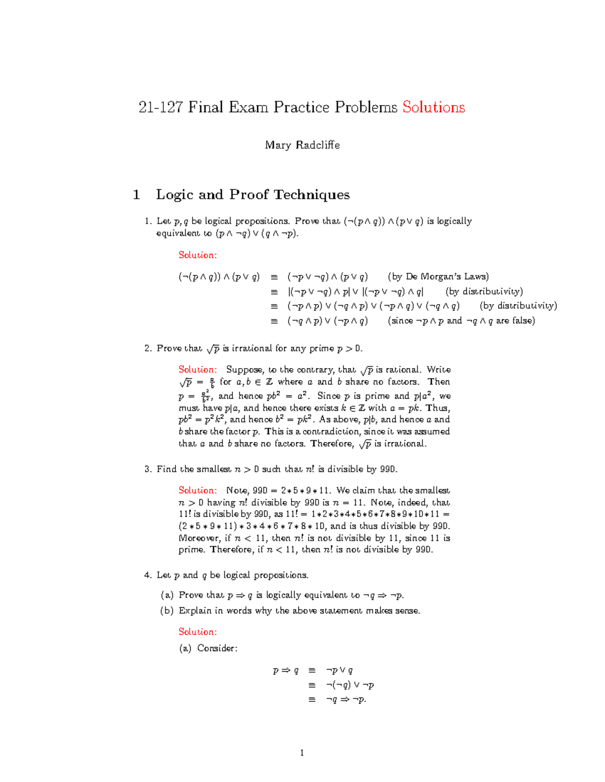 Final Prep Problems Solutions - 21-127 Final Exam Practice Problems Solutions Mary Radcliffe 1 ...