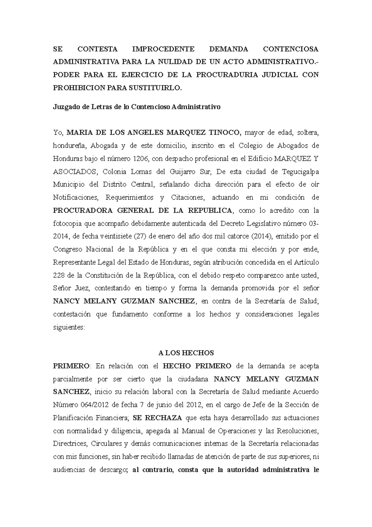 Contestacion DE Demanda Administrativo - SE CONTESTA IMPROCEDENTE ...