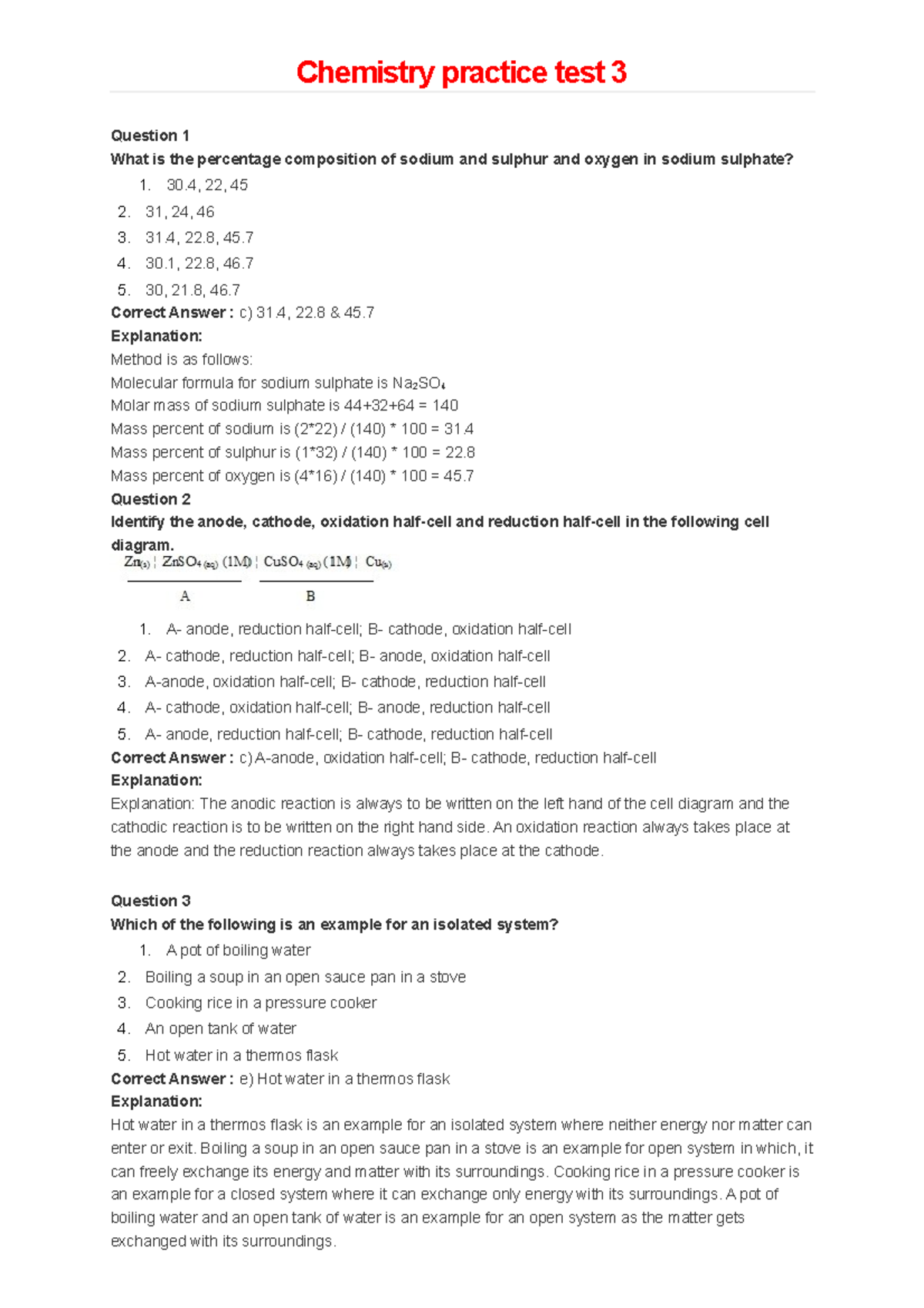 Chemistry practice Test 03 - Chemistry practice test 3 Question 1 What ...