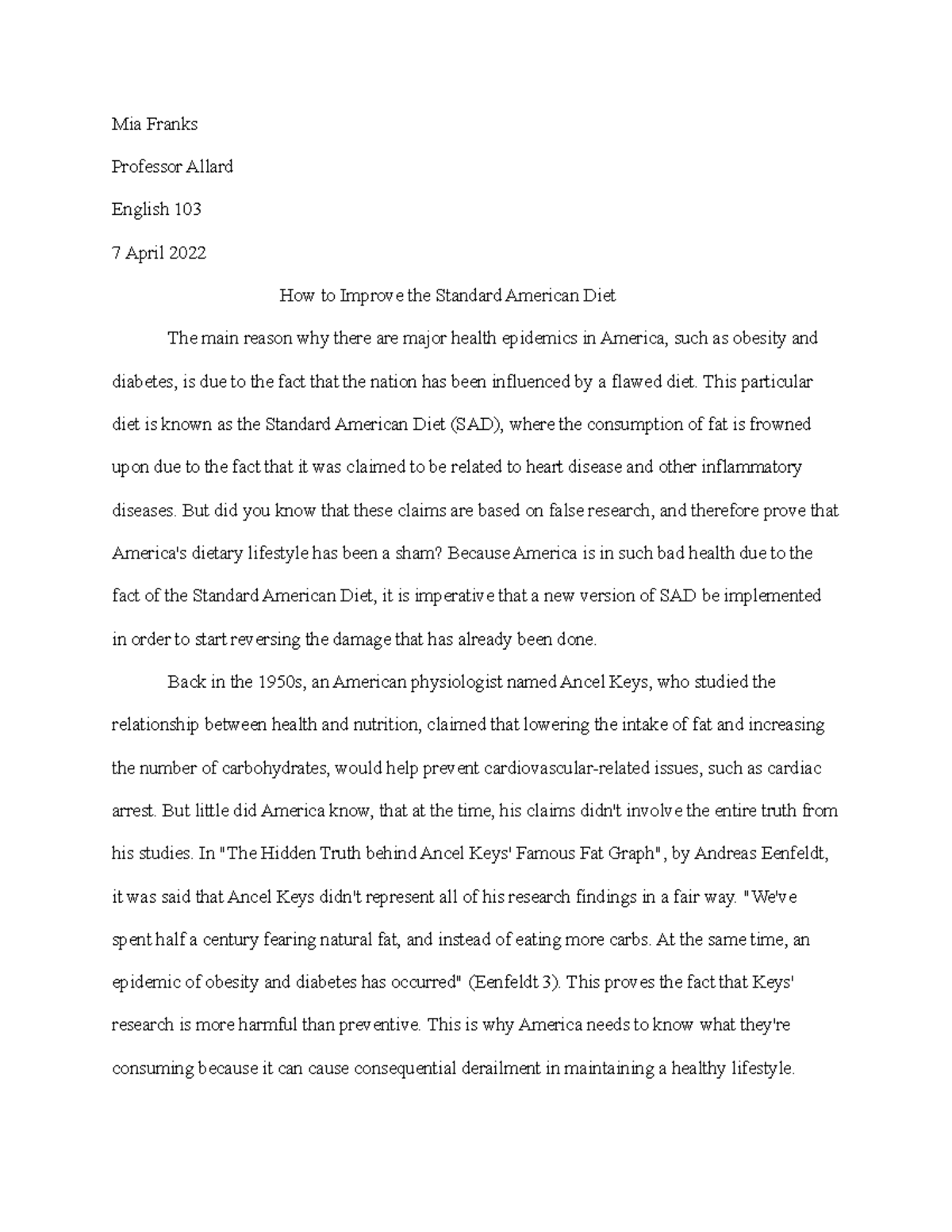 Annotated Essay - Mia Franks Professor Allard English 103 7 April 2022 ...