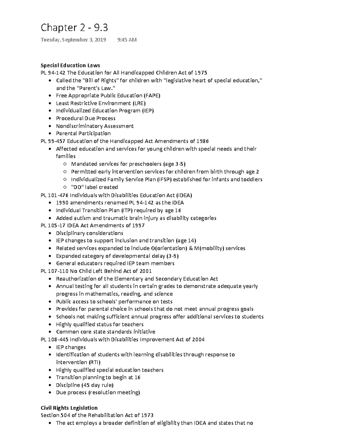 Chapter 2 - Students with Disability Course Class 5 - Special Education Laws PL 94-142 The ...