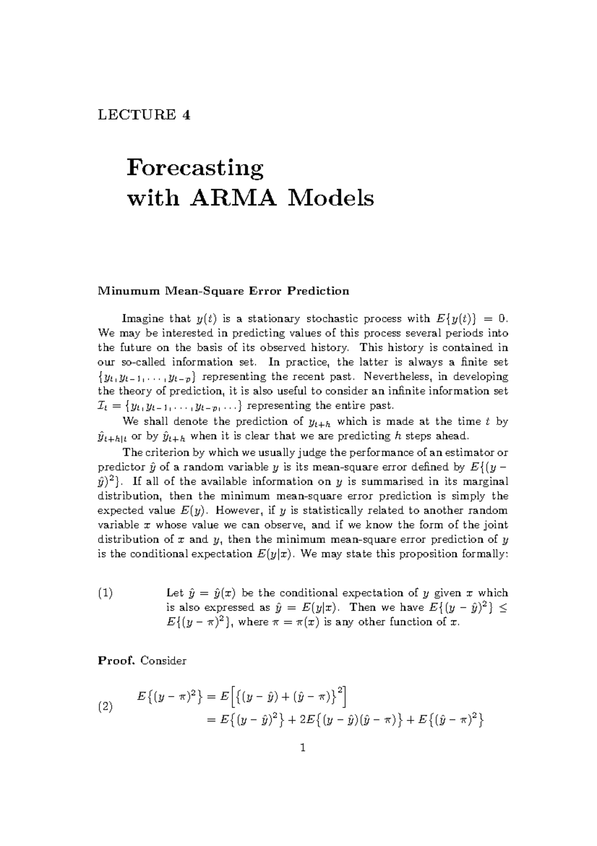 Forecasting with ARMA Models - lecture notes 4 - LECTURE 4 Forecasting ...