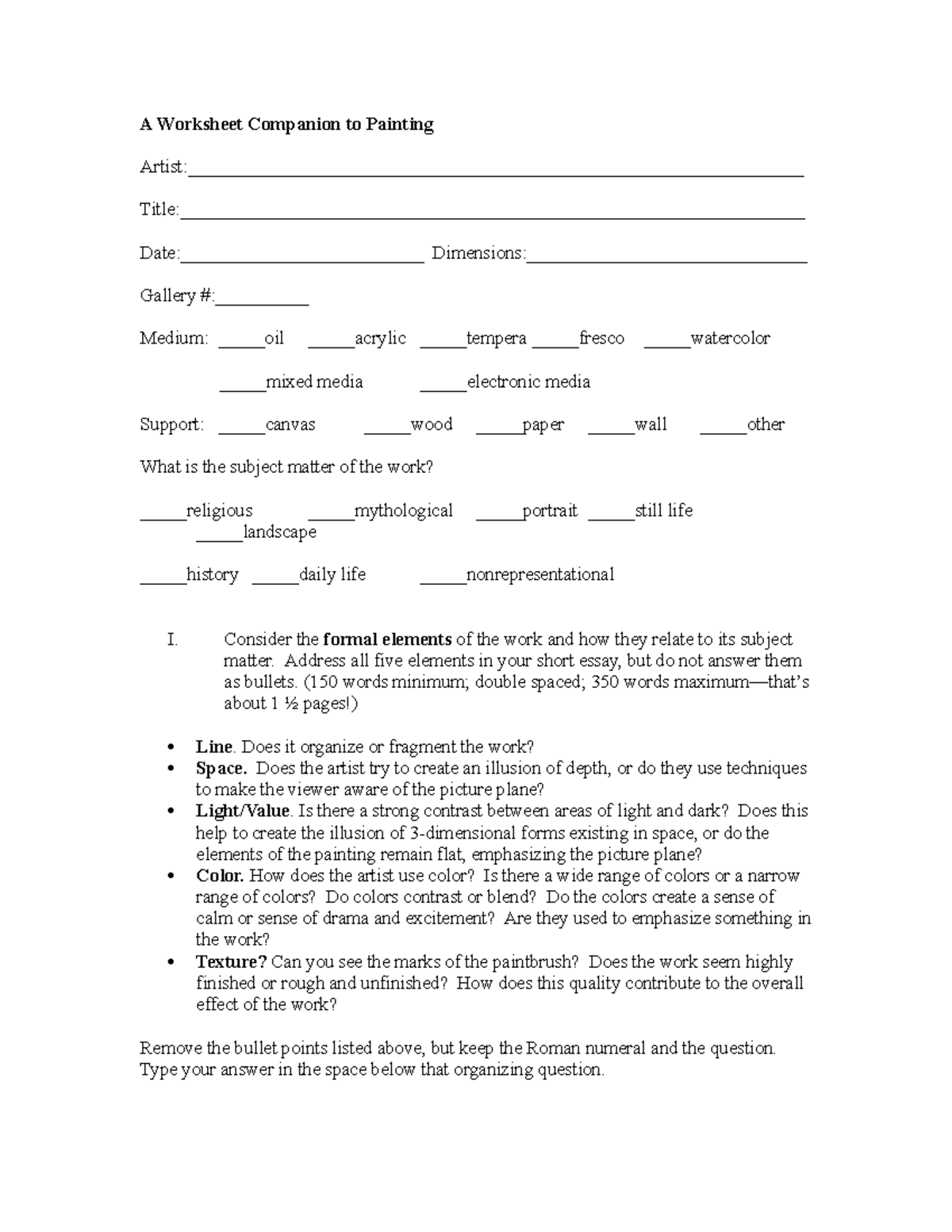 Worksheet painting(1) - A Worksheet Companion to Painting - Studocu