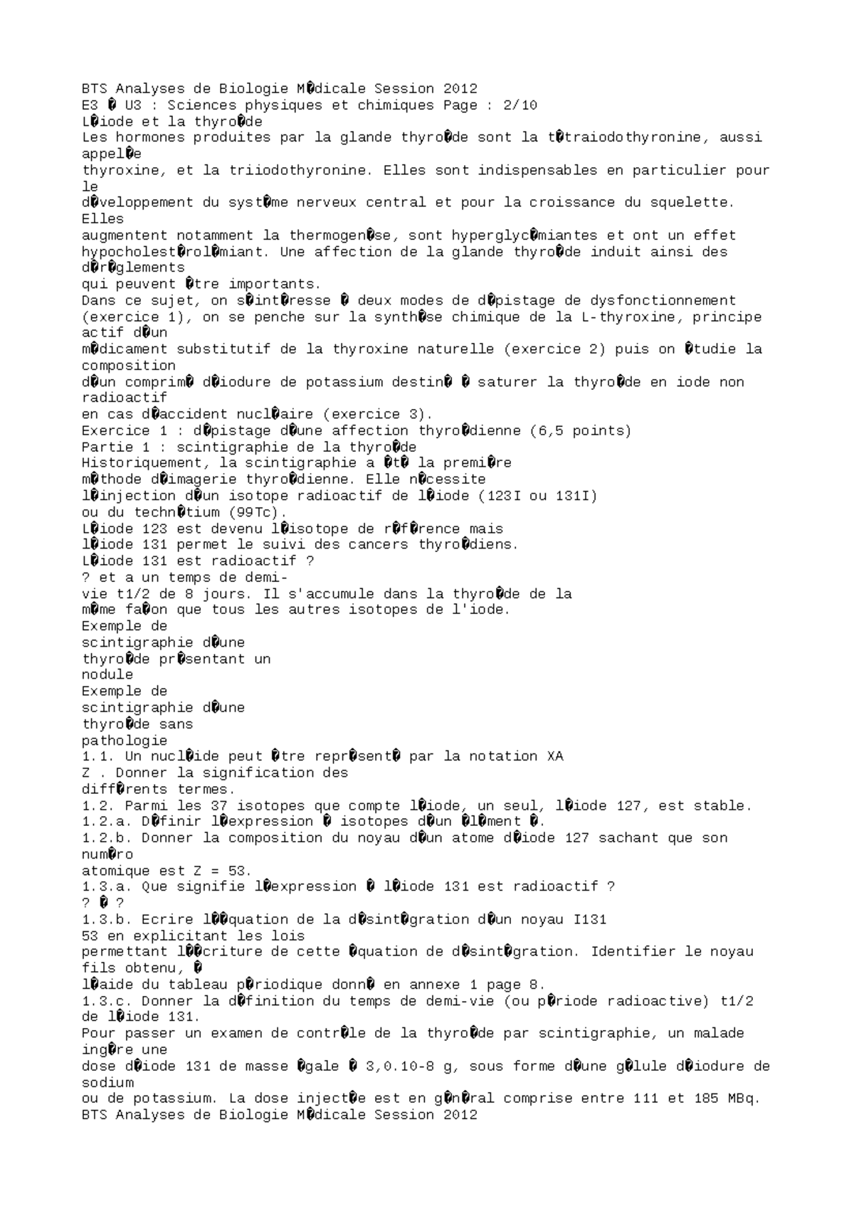 Analyses de Biologie Médicale 2012 - BTS Analyses de Biologie M dicale Session 2012 E3 U3 ...