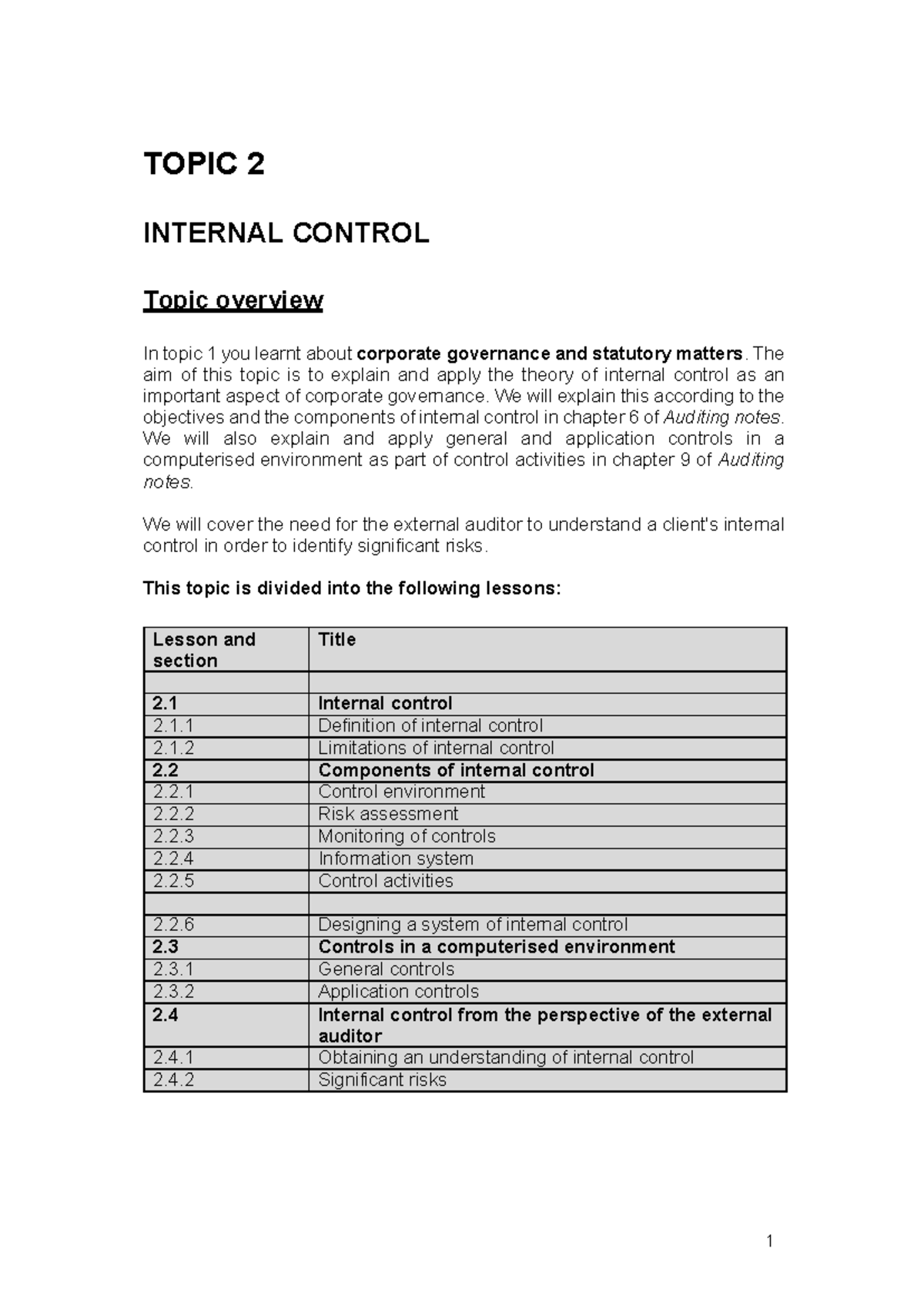 AUE2602 Lesson 2 2024 - Notes - TOPIC 2 INTERNAL CONTROL Topic overview ...