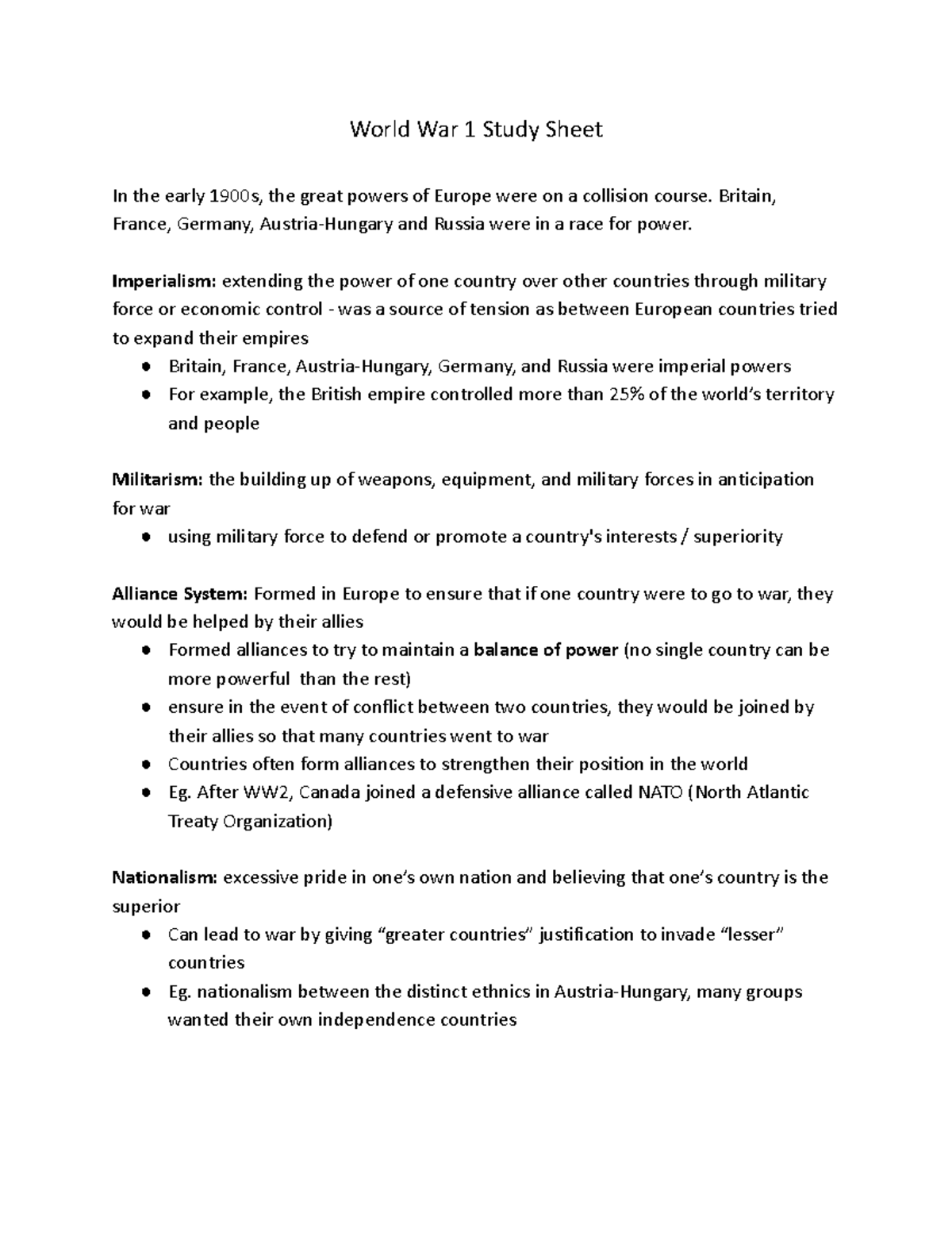 World War 1 Study Sheet - World War 1 Study Sheet In the early 1900s ...