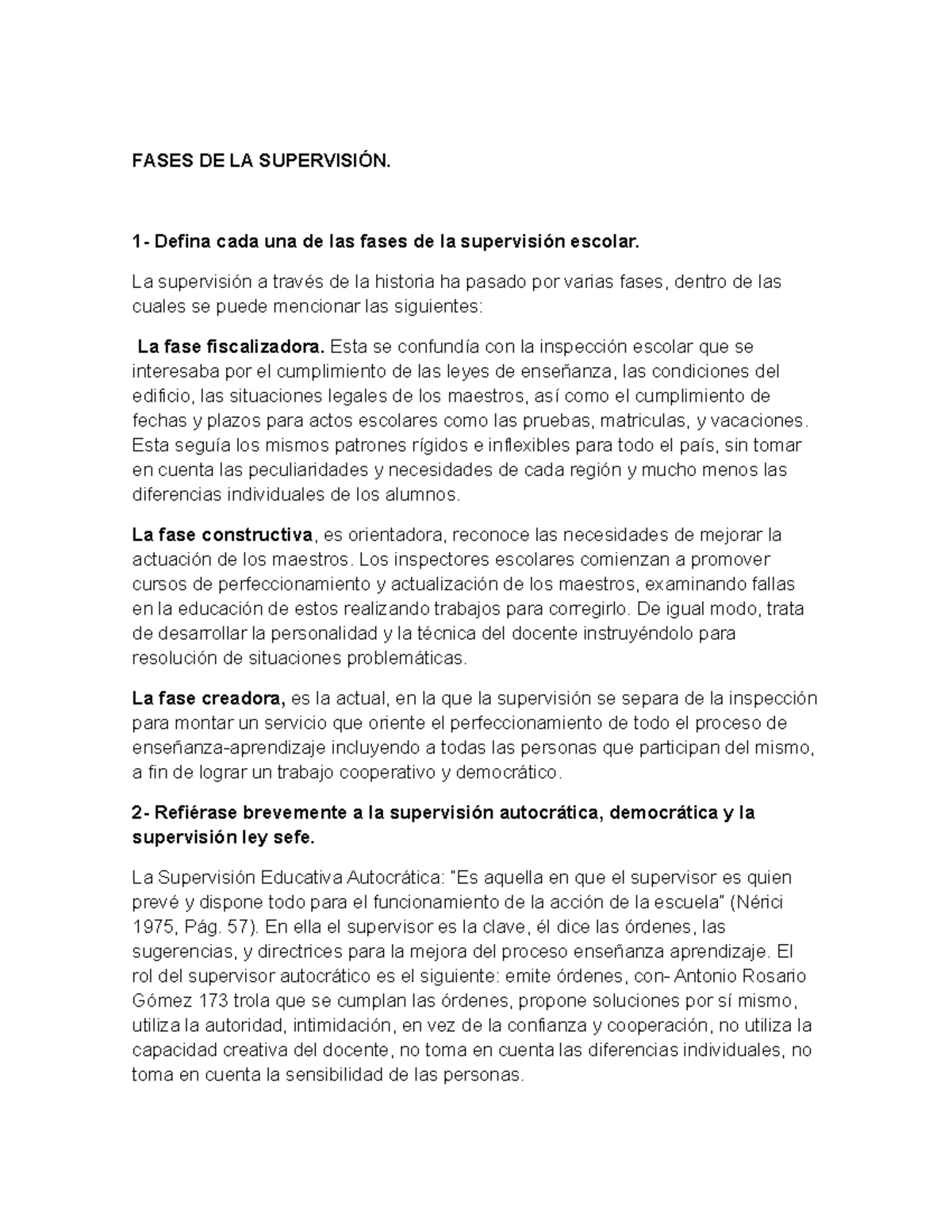 Fases DE LA Supervisión - FASES DE LA SUPERVISIÓN. 1- Defina cada una ...