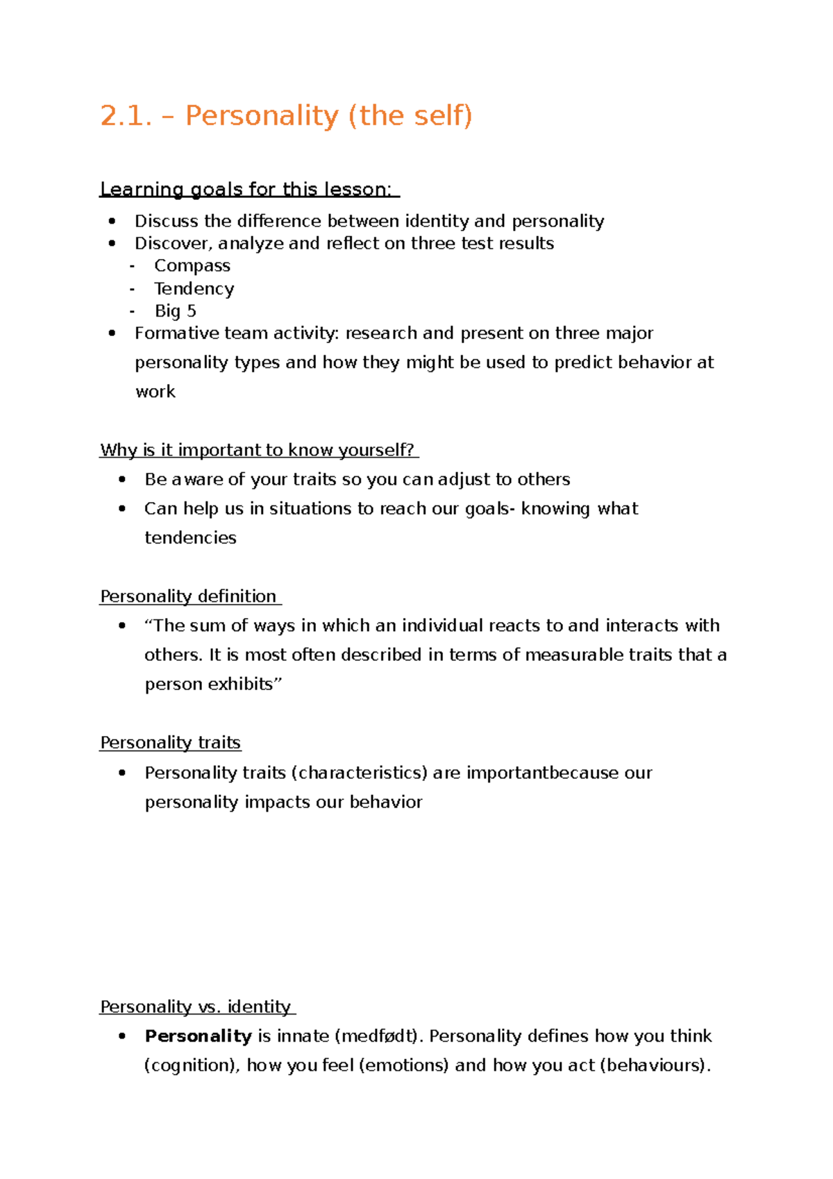 2.1. Personality (the self) - 2. – Personality (the self) Learning ...