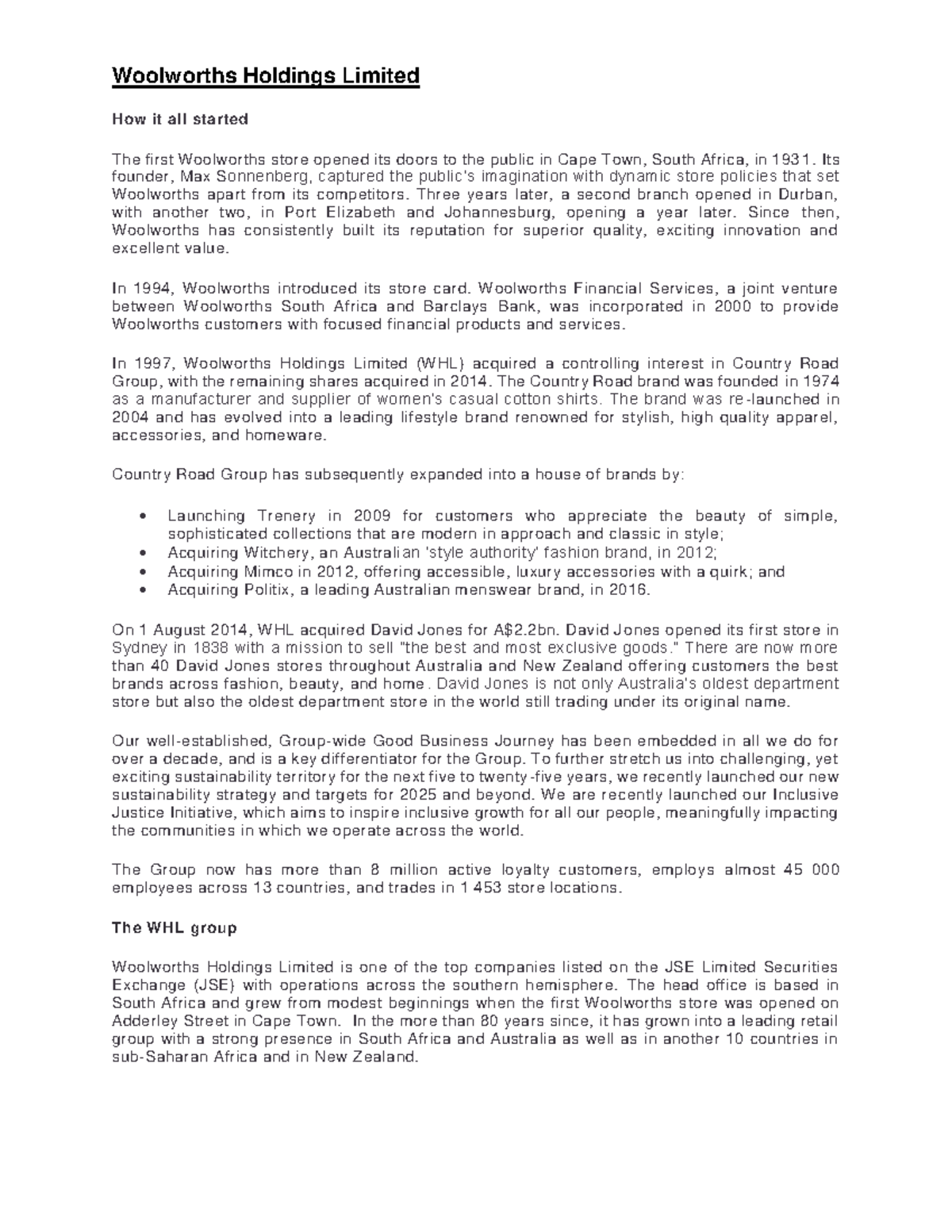 Woolworths Holdings Limited - Its founder, Max Sonnenberg, captured the ...