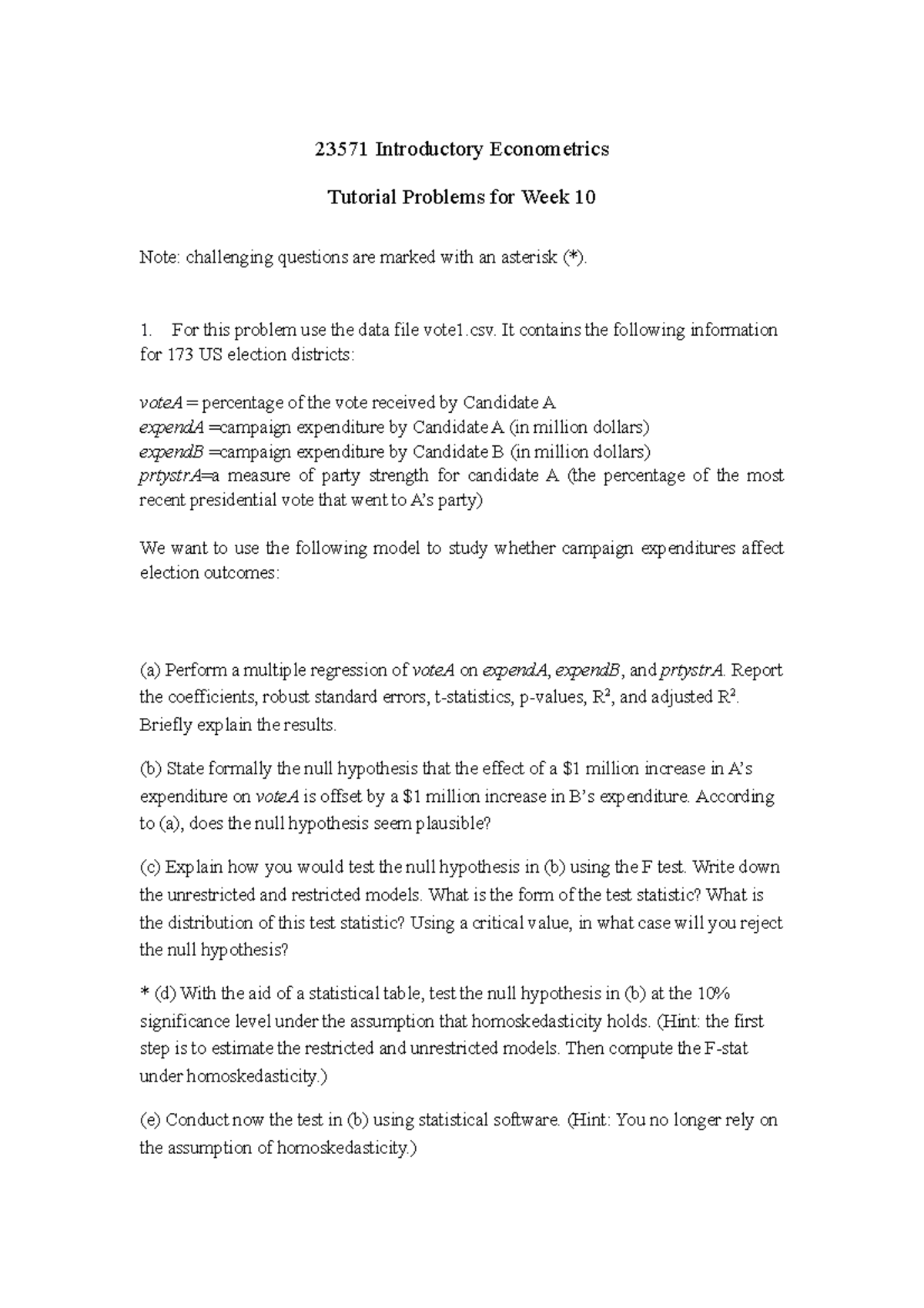 Tutorial Problems Week 10 Autumn 23 2 23571 Introductory Econometrics Tutorial Problems For