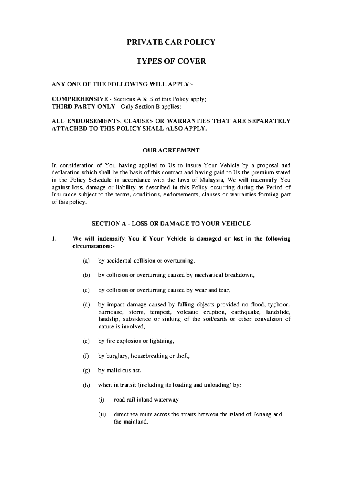 Standard Motor Tariff Policy Sample - PRIVATE CAR POLICY TYPES OF COVER ...
