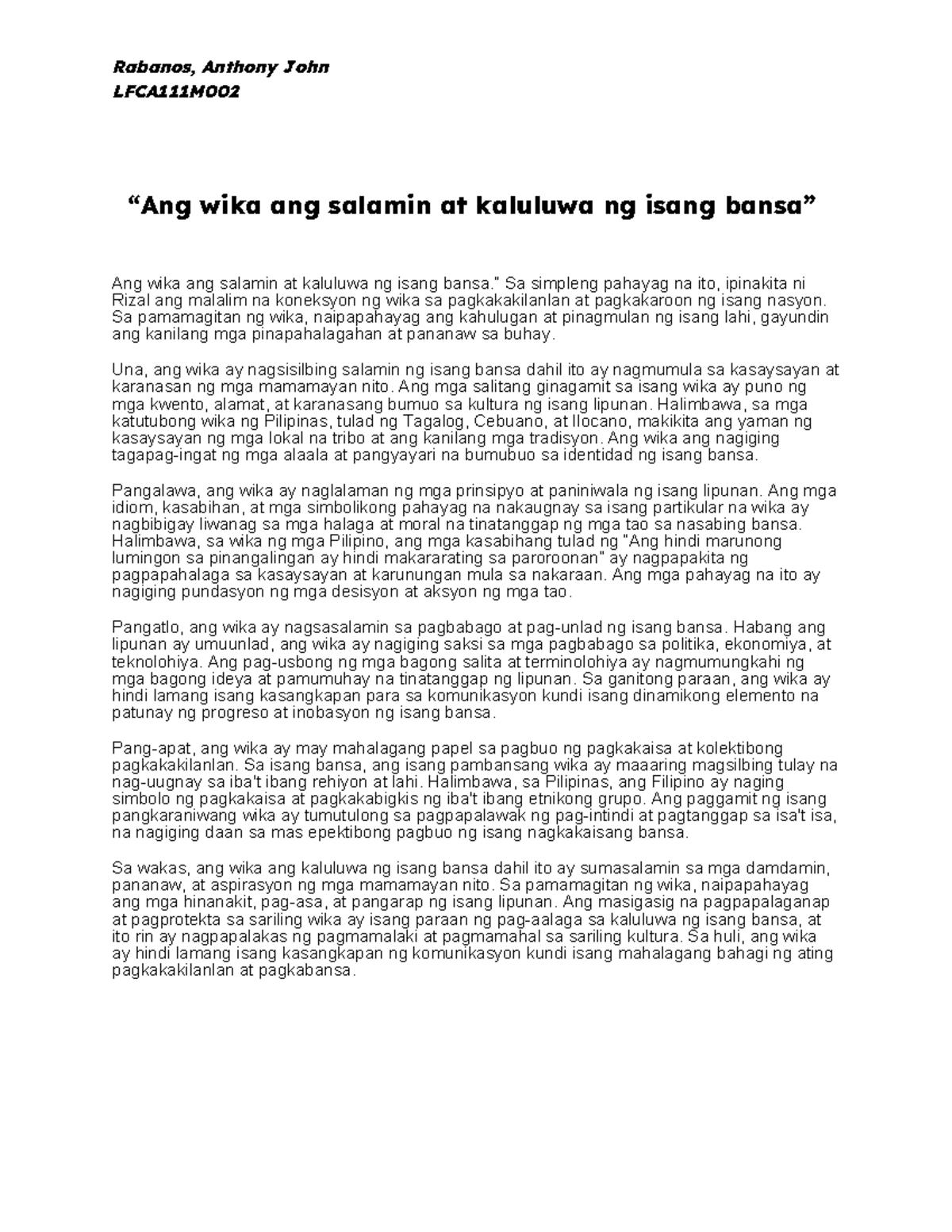 Gawain 1 - Ang wika ang Salamin at Kaluluwa ng isang bansa - Rabanos, Anthony John LFCA111M “Ang ...