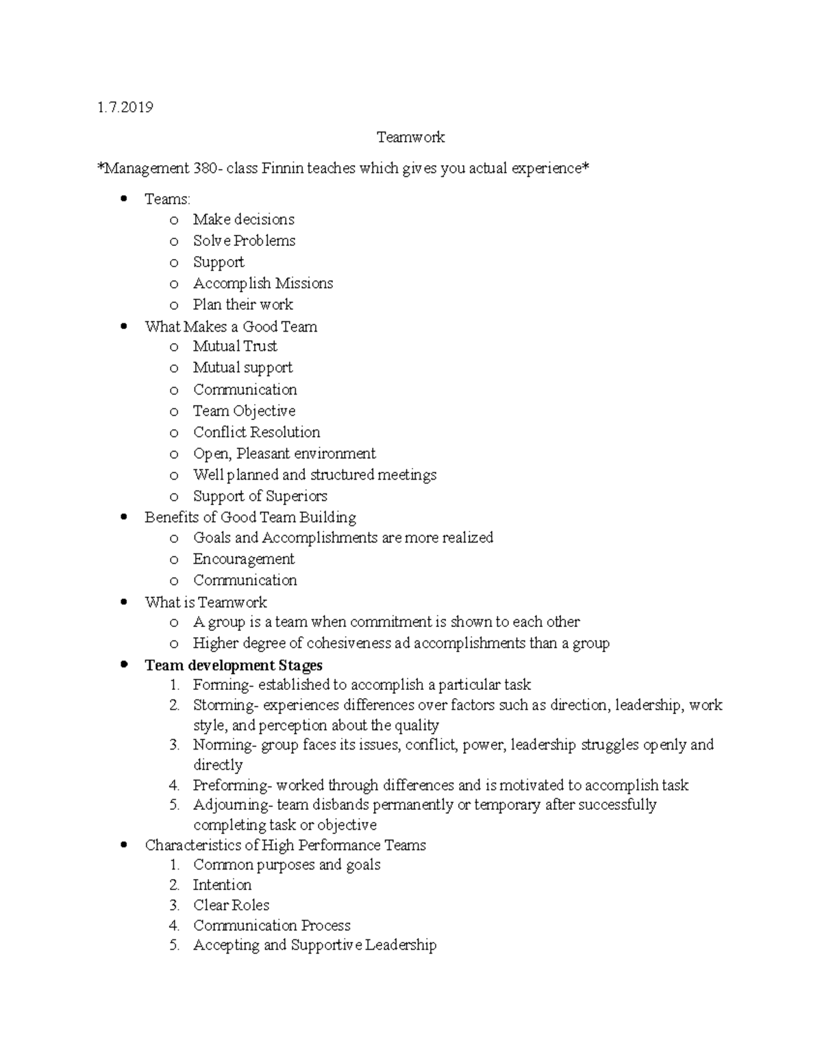 Teamwork - Lecture notes 13 - 1. Teamwork Management 380- class Finnin ...