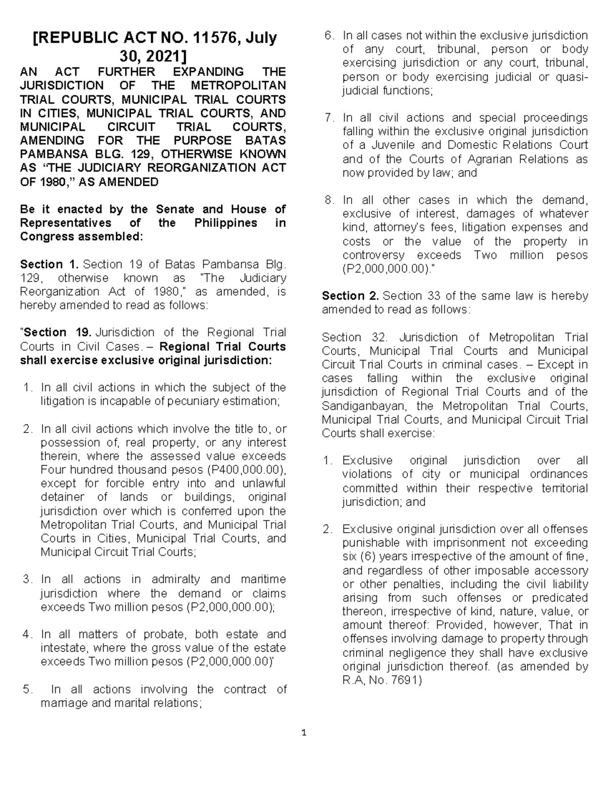 Expandend Jurisdiction of Court - [REPUBLIC ACT NO. 11576, July 30 ...