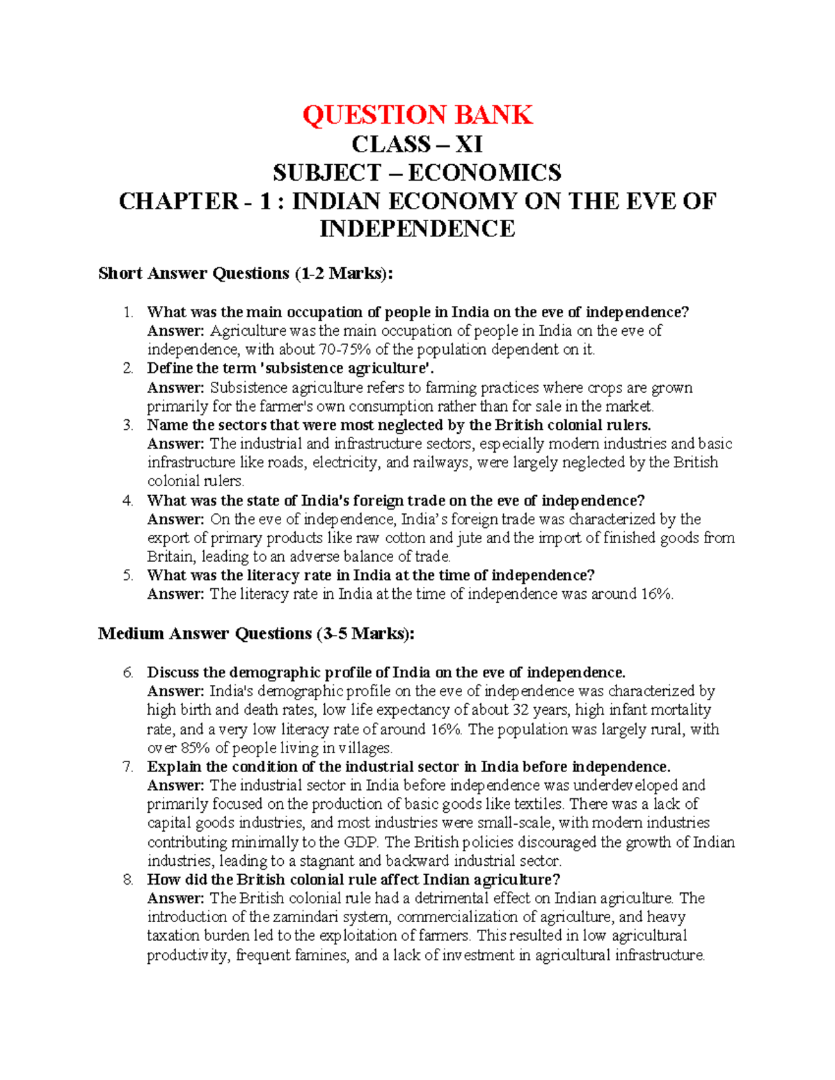 Question BANK Class 11 Economics Chapter - 1 Indian Economy ON THE EVE ...