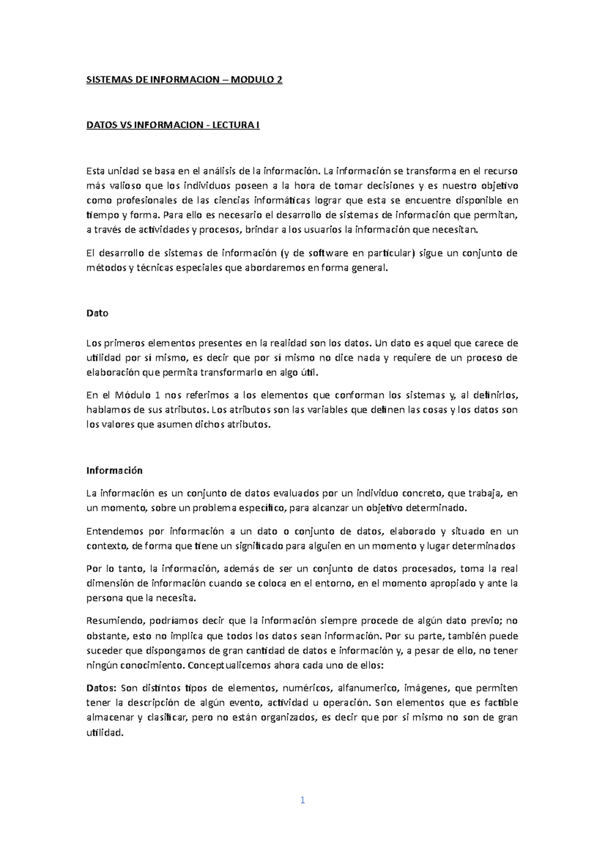 Sistemas DE Informacion - Modulo 2 lectura 1 2 3 y 4 - SISTEMAS DE INFORMACION – MODULO 2 DATOS ...