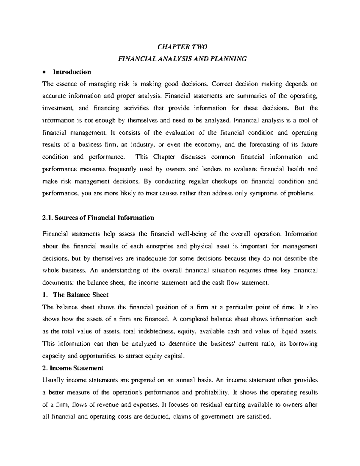 FM 1 CH 2 Financial Analysis and Planning - CHAPTER TWO FINANCIAL ANALYSIS AND PLANNING - Studocu