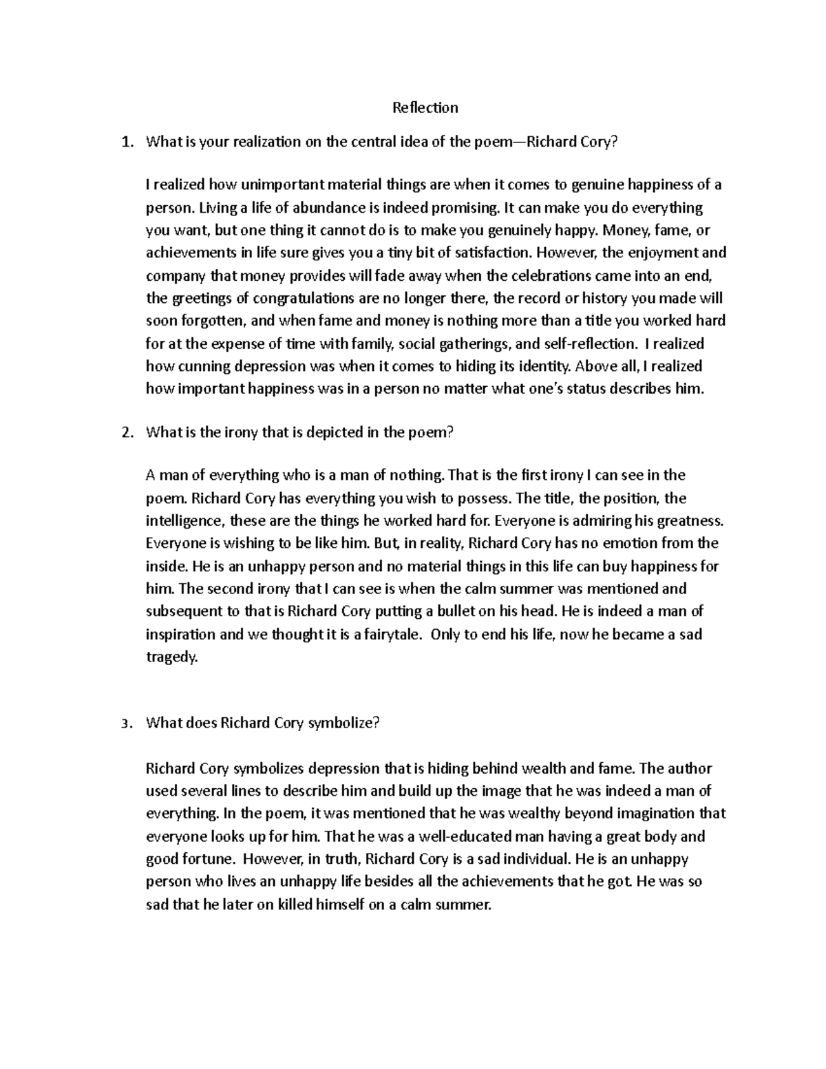 Essay Richard Cory Reflection Summary - Reflection What is your ...