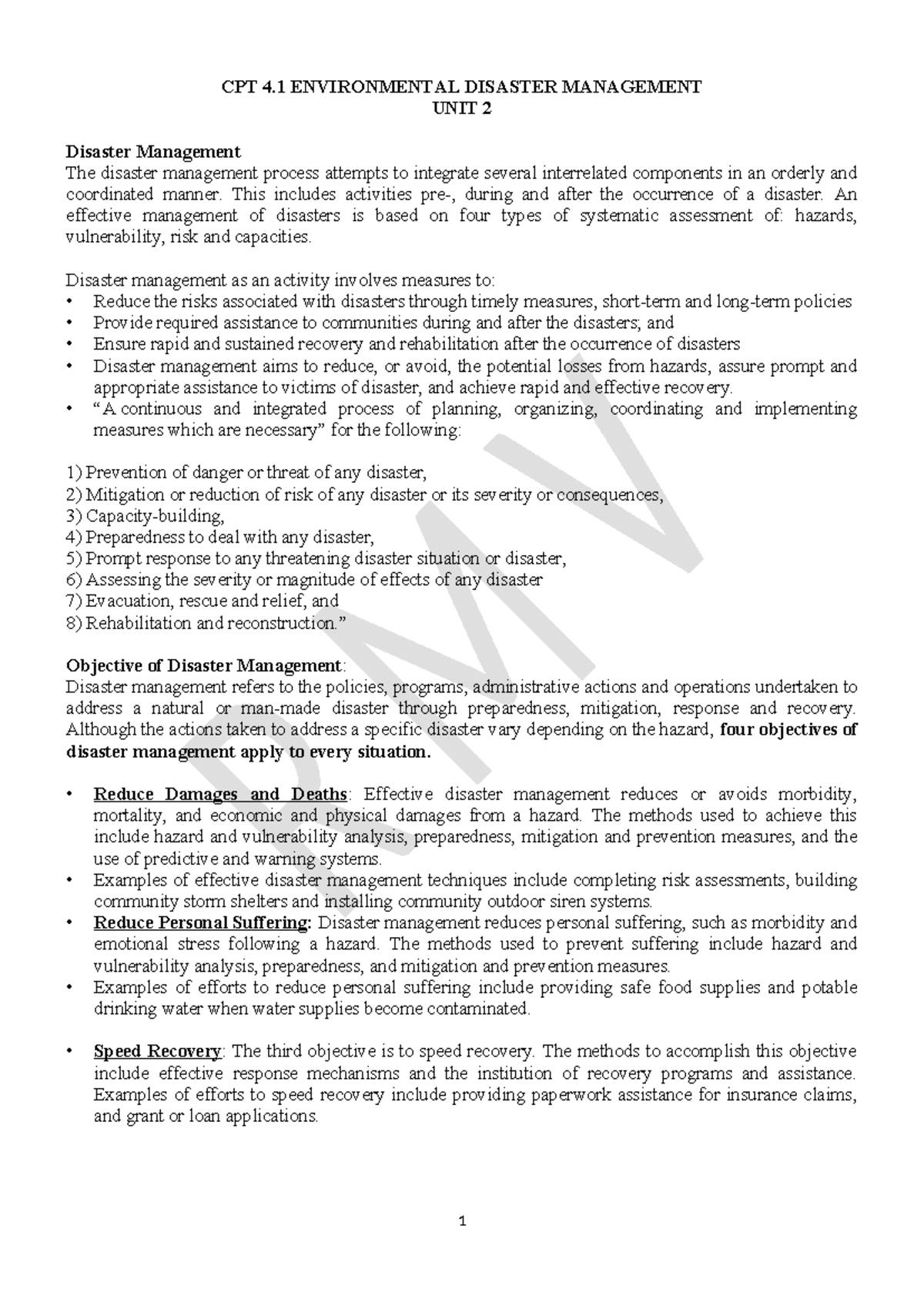 DM Notes 2 - CPT 4 ENVIRONMENTAL DISASTER MANAGEMENT UNIT 2 Disaster ...