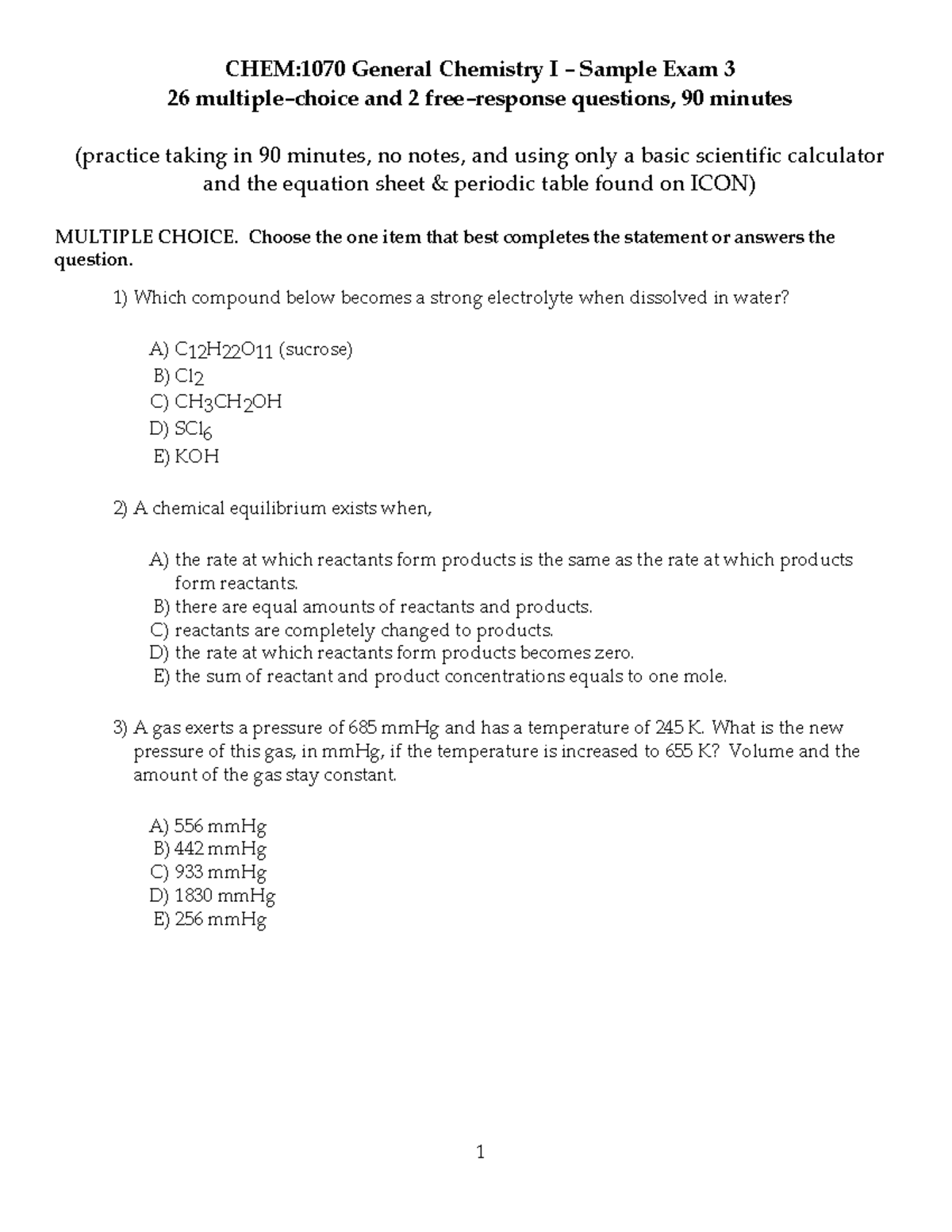 CHEM1070 Sample Exam 3 - CHEM:1070 General Chemistry I - Sample Exam 3 ...