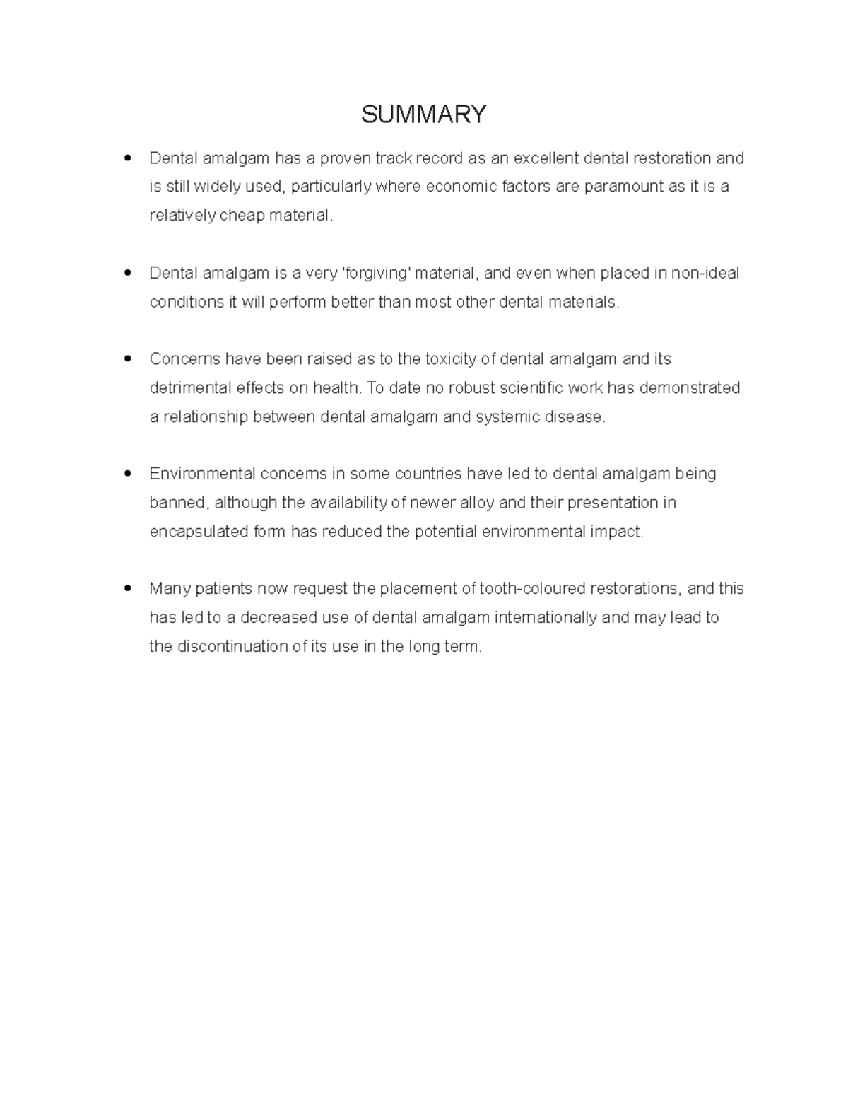 Summary 1 - SUMMARY Dental amalgam has a proven track record as an ...