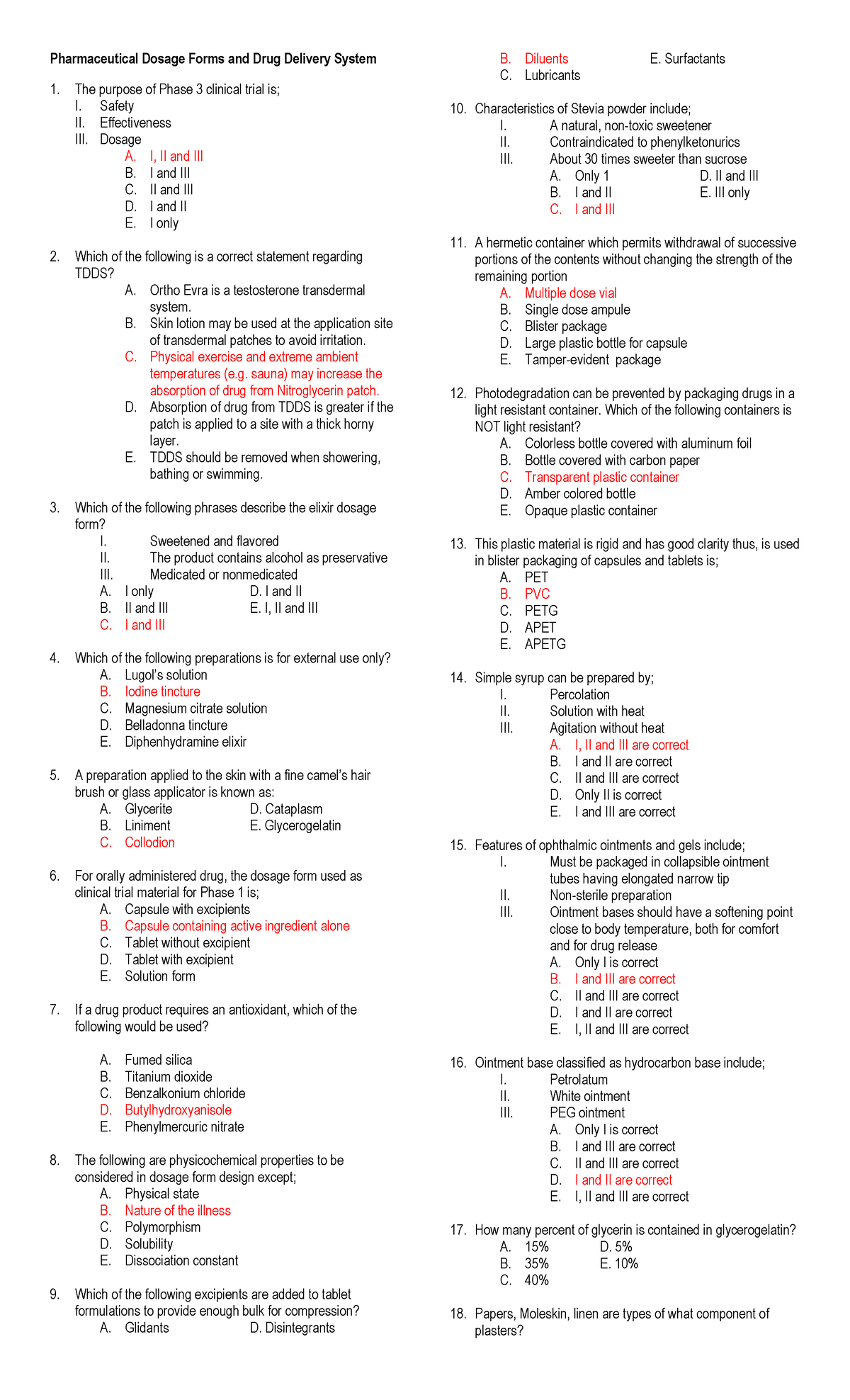 DDS Answer Key RED Pacop - Pharmaceutical Dosage Forms and Drug ...