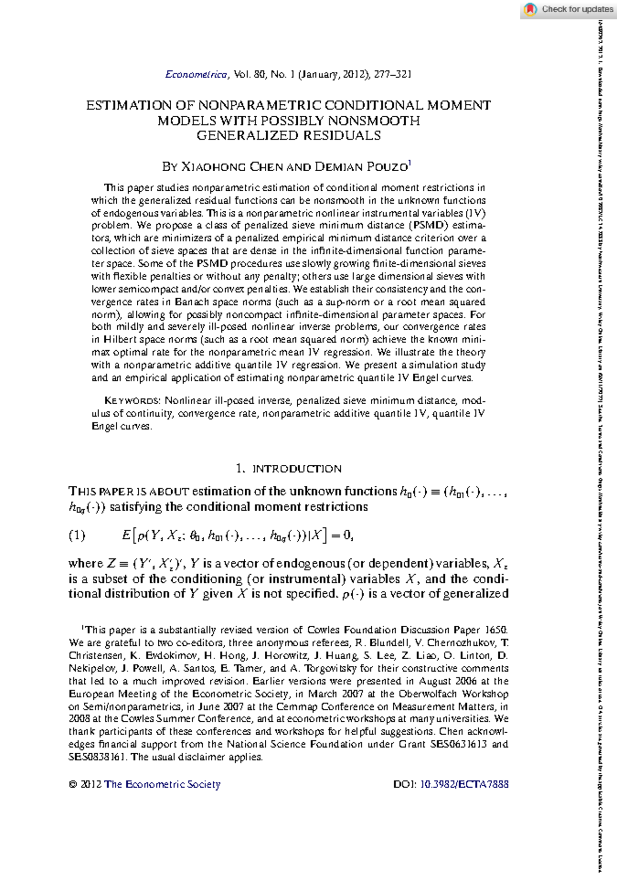 Econometrica 2012 Chen Estimation Of Nonparametric Conditional