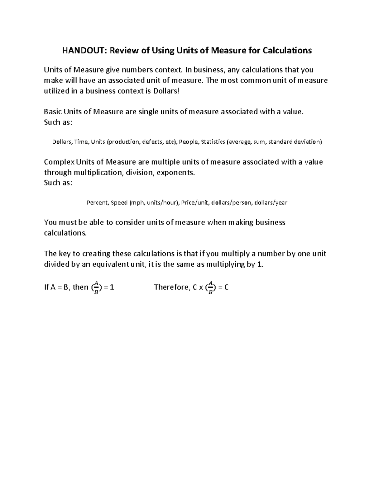 Class 11 Handout- Review Using Units of Measure - HANDOUT: Review of Using Units of Measure for ...