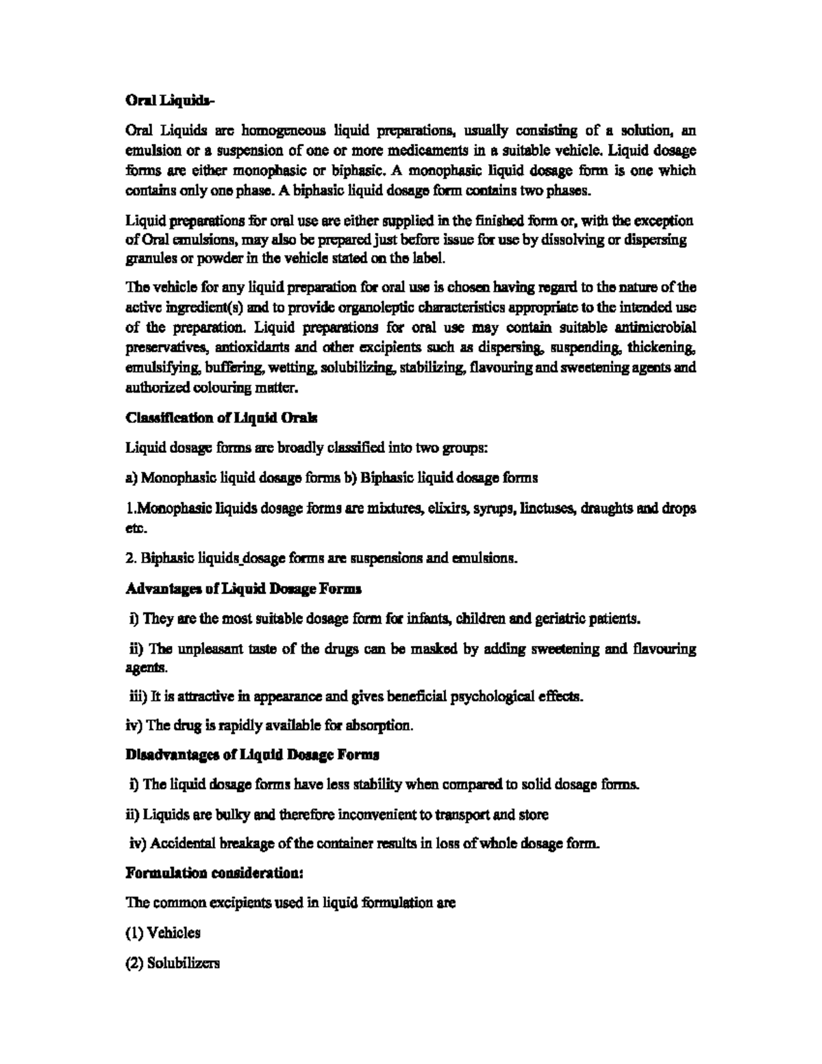 O - LIQUID ORALS - Oral Oral Liquids are homogeneous liquid ...