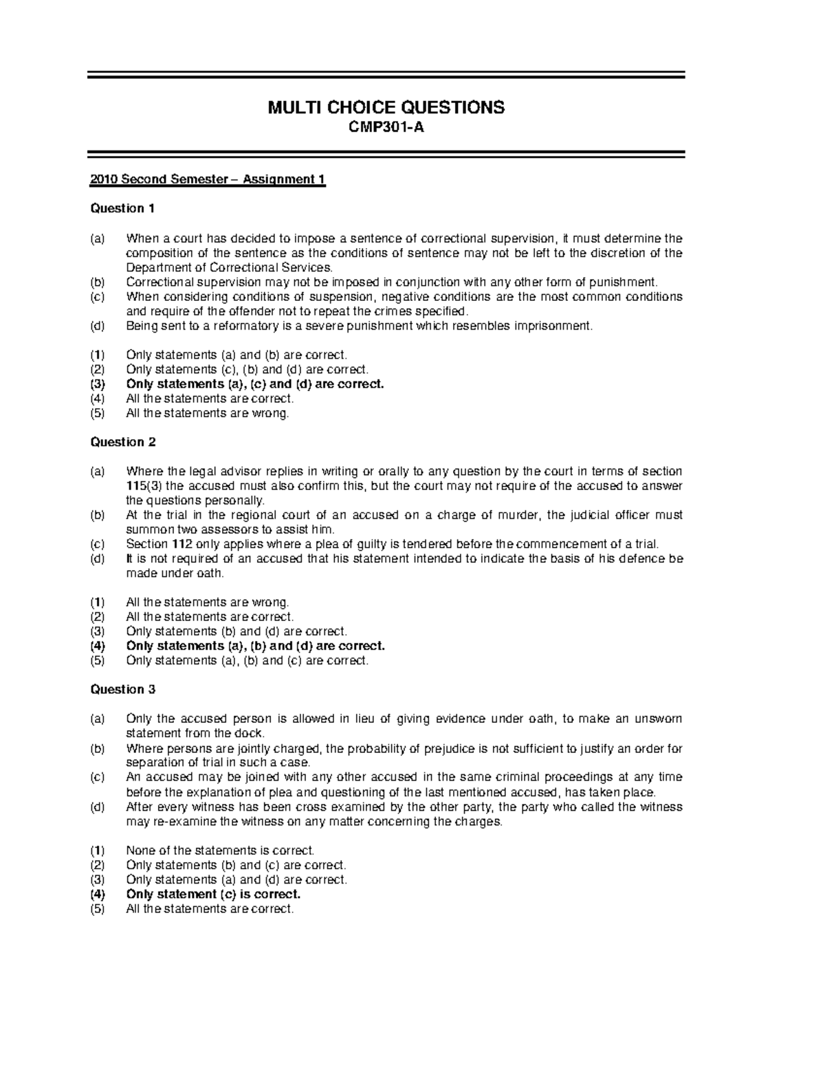 Multiple Choice Questions 2008 - 2010 Assignments & Exam Questions ...