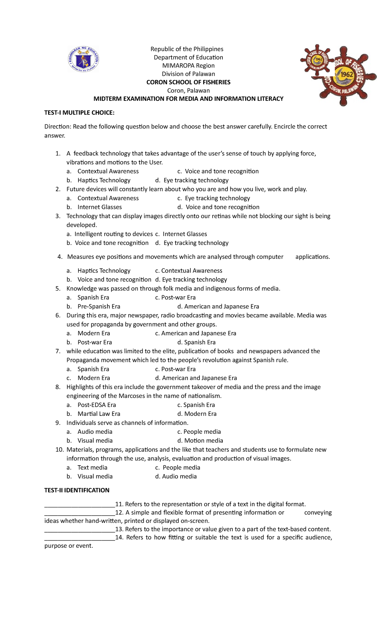 G12 EXAM - EXAM - Republic of the Philippines Department of Education ...