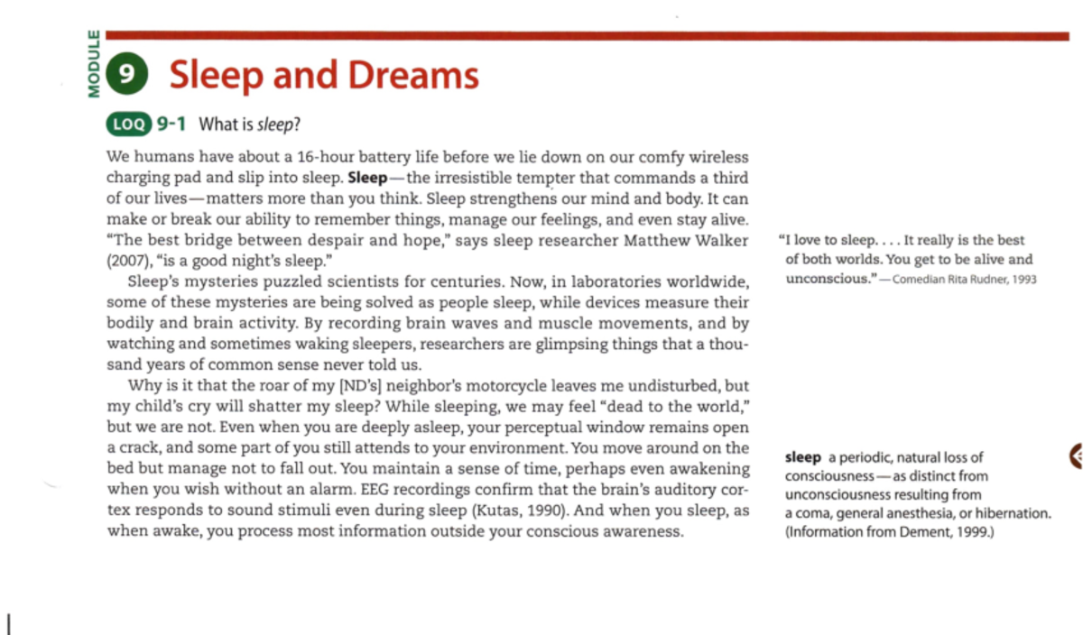 Module 9 - MODULE 9 Sleep and Dreams LOQ 9-1 What si sleep? We humans ...
