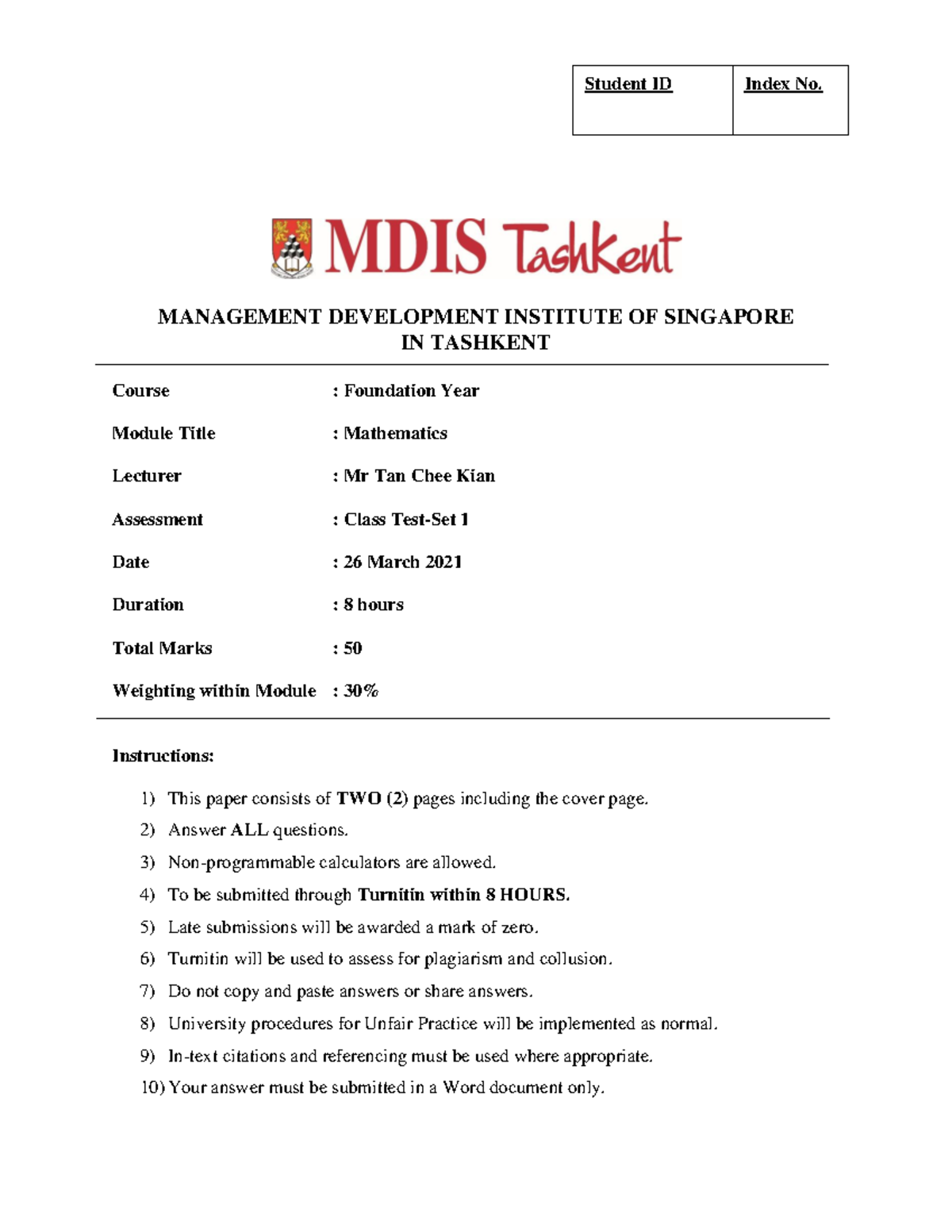[ Approved]Mathematics CT-Set1 AY2020-21 - MANAGEMENT DEVELOPMENT ...