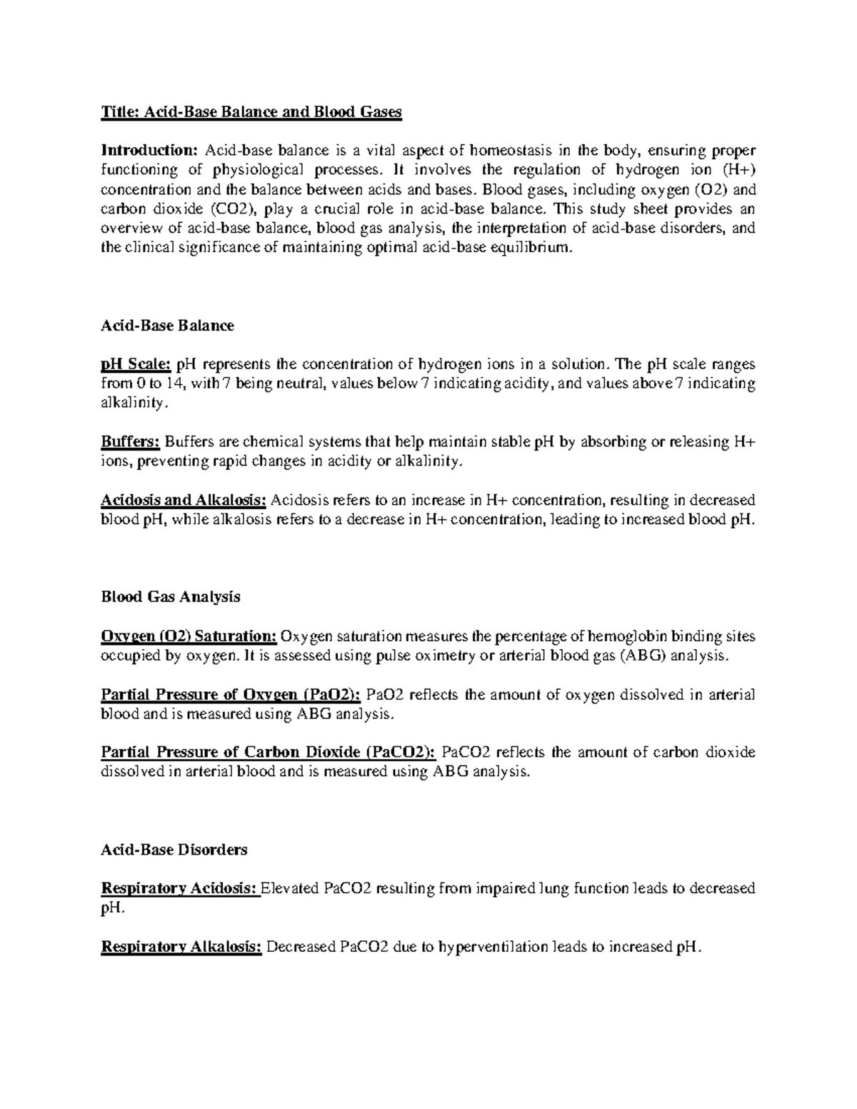 CC - Acid-Base Balance and Blood Gases - Title: Acid-Base Balance and ...