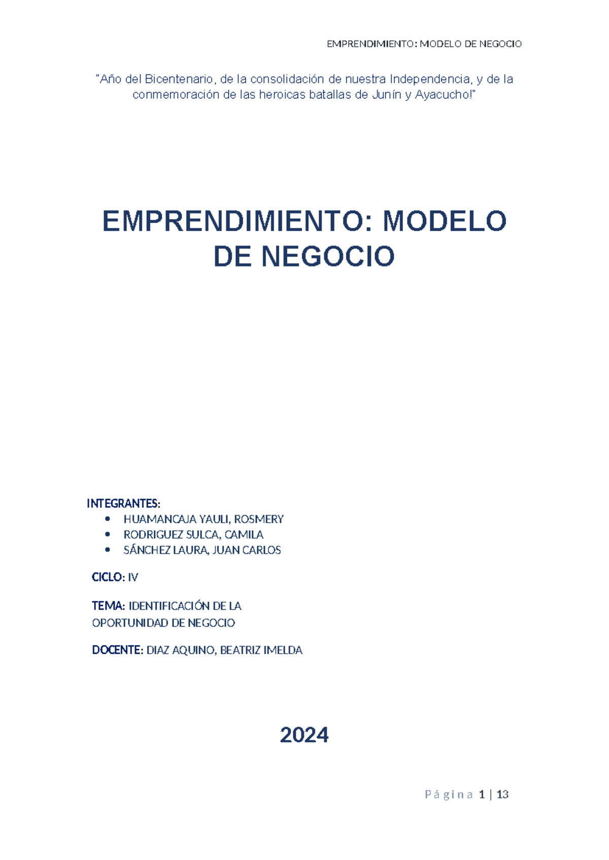 AA1 Emprendimiento draft - “Año del Bicentenario, de la consolidación ...