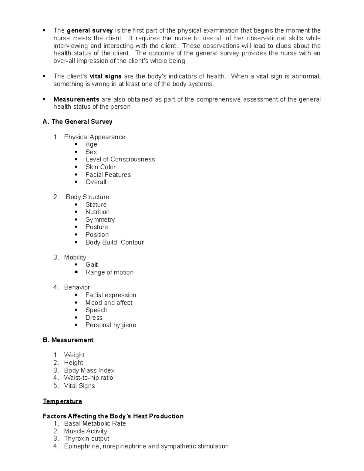 Health Assessment Notes - The general survey is the first part of the ...