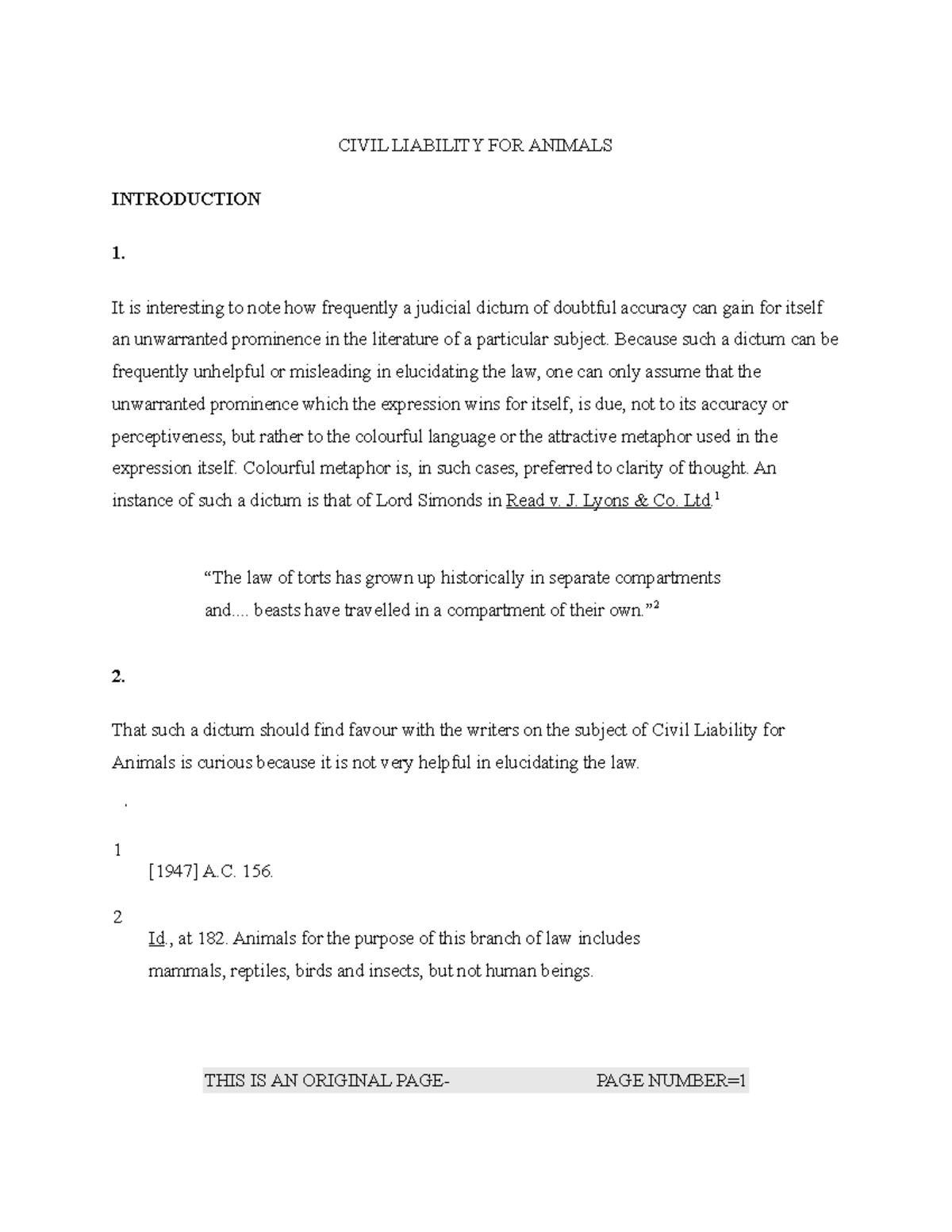 Civil Liability FOR Animals - CIVIL LIABILITY FOR ANIMALS INTRODUCTION ...